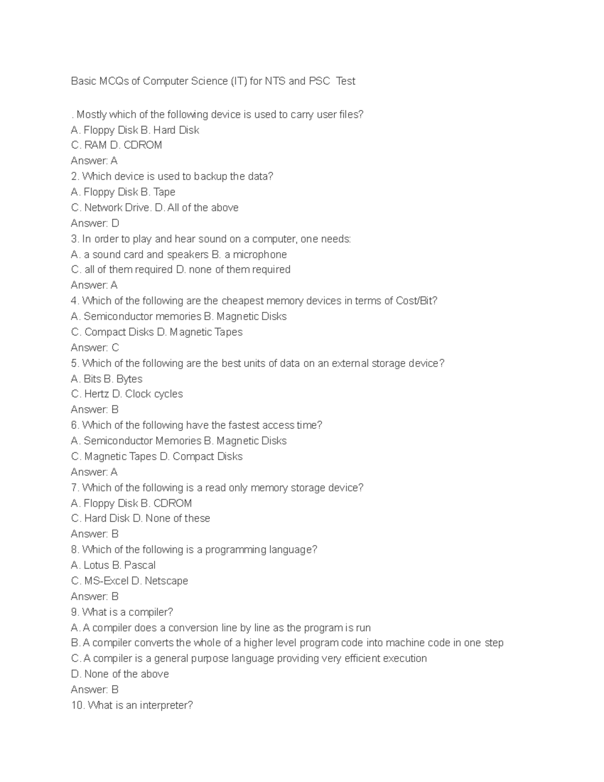 Basic MCQs of Computer Science - Mostly which of the following device ...