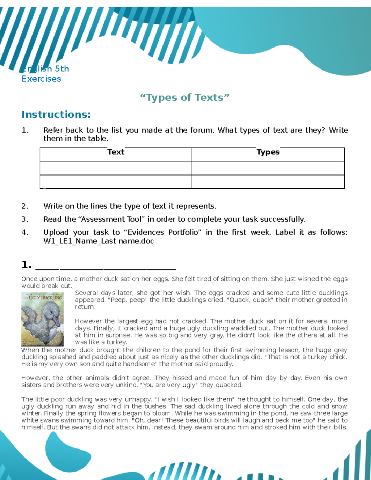 Types of text - nose - English 5th Exercises “Types of Texts ...