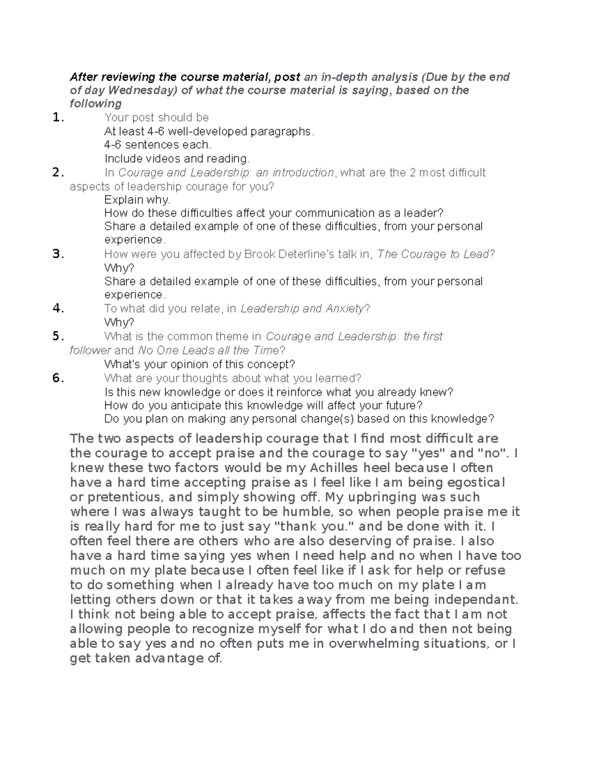 Courage discussion board - 1. 2. 3. 4. 5. 6. After reviewing the course ...