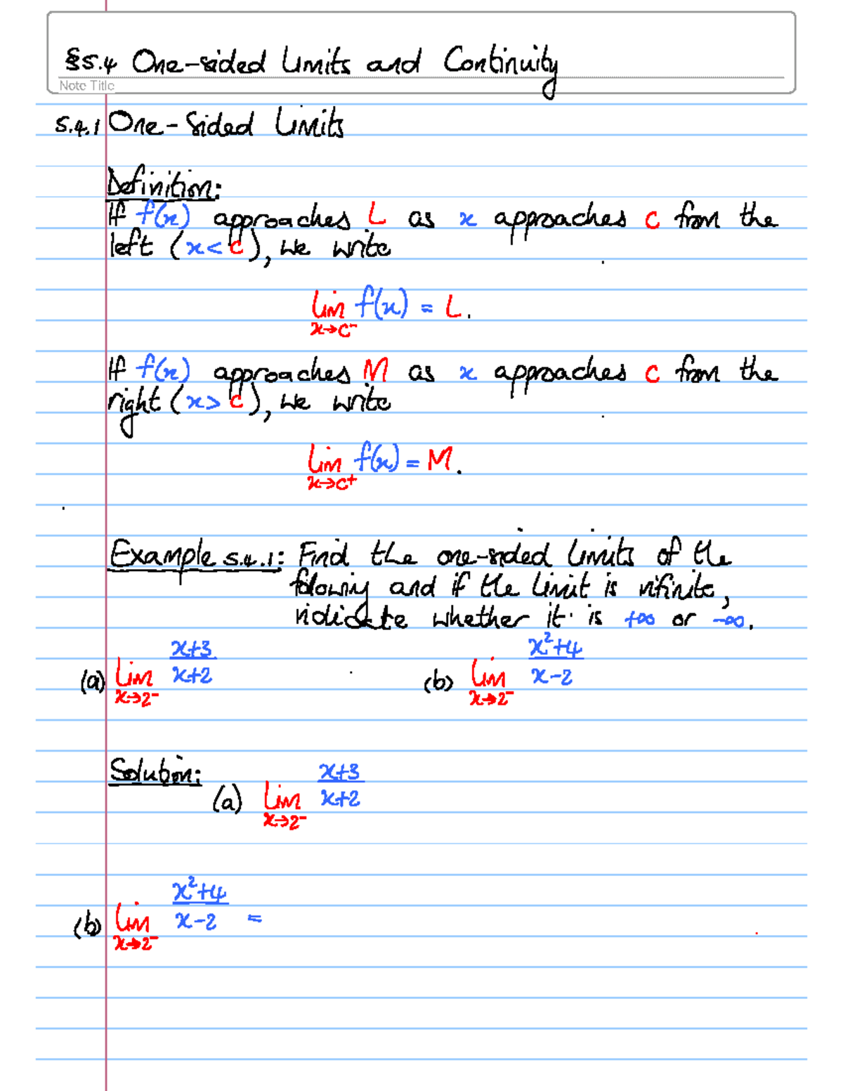 5.4 One-sided limits and Continuity - Note Title Limits and Continuity ...