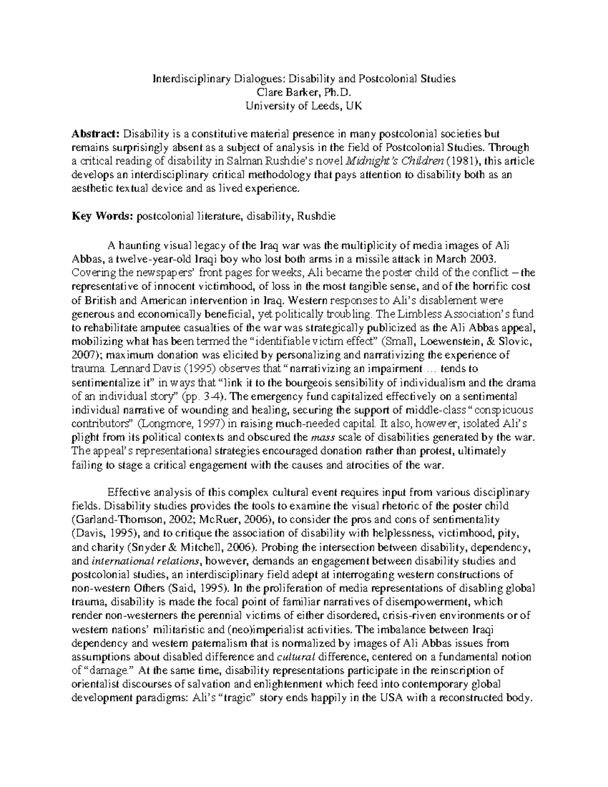 Interdisciplinary Dialogues- Disability and Postcolonial Studies ...