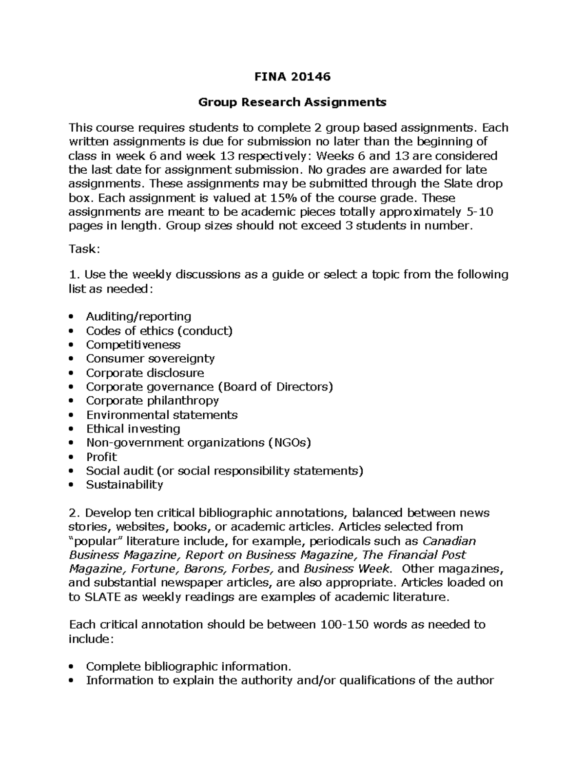 FINA 2014 6 group assignments - FINA 20146 Group Research Assignments ...