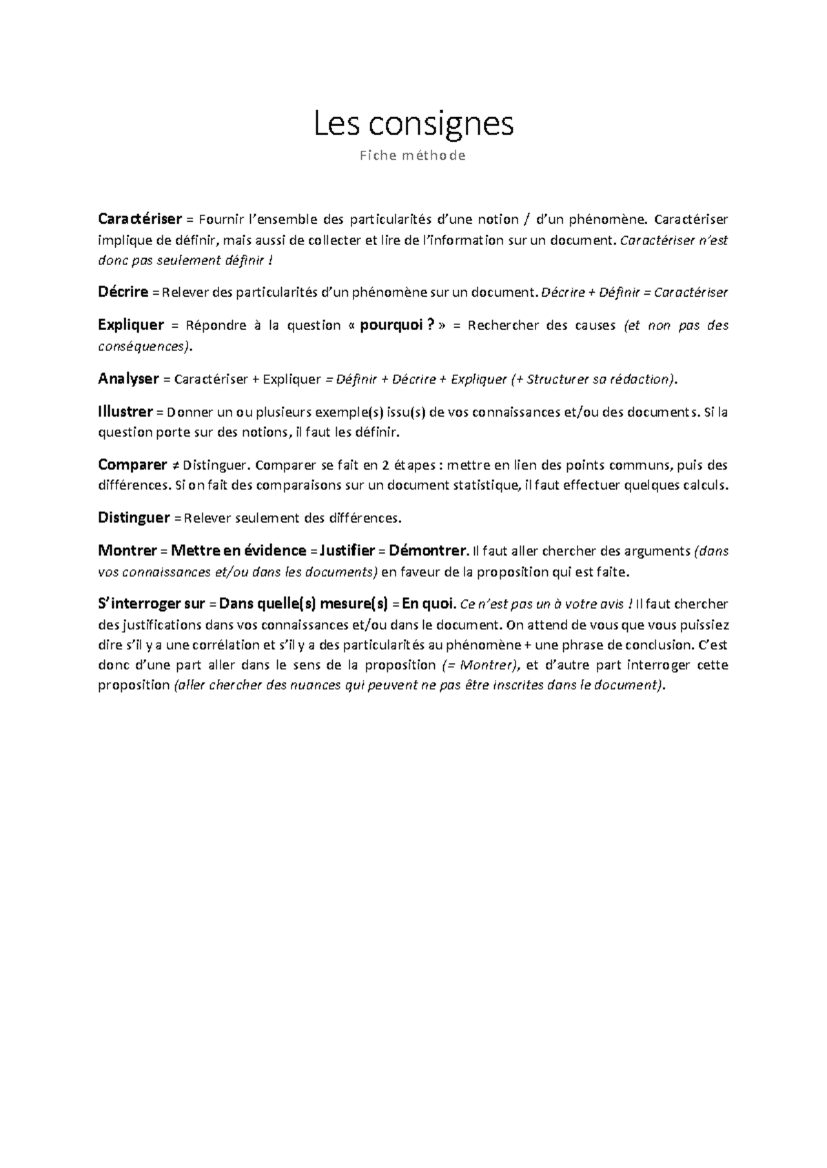 Fiche Methode - Consignes - Les consignes Fiche méthode Caractériser = Fournir l’ensemble des ...