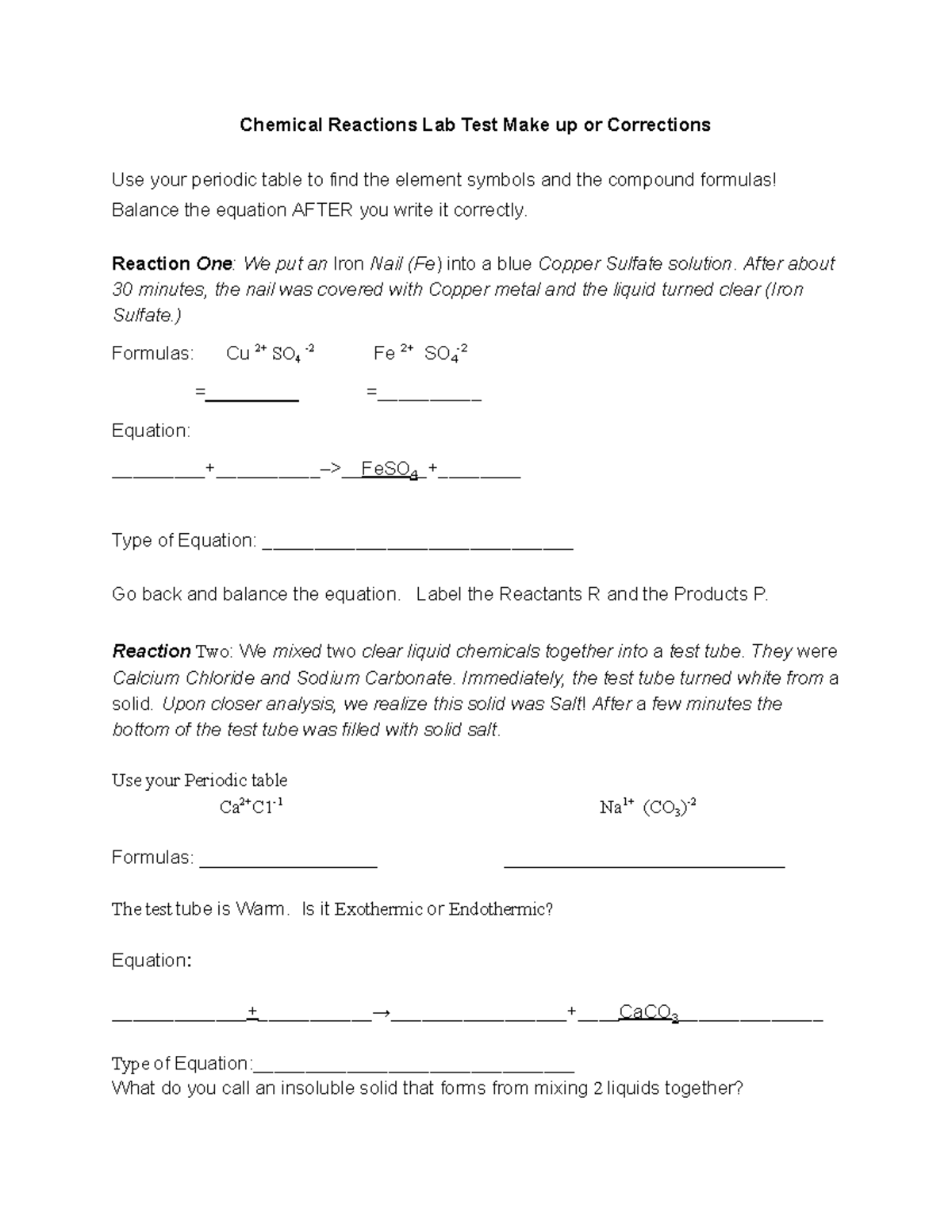 [Template] reactions lab test make up - Chemical Reactions Lab Test ...