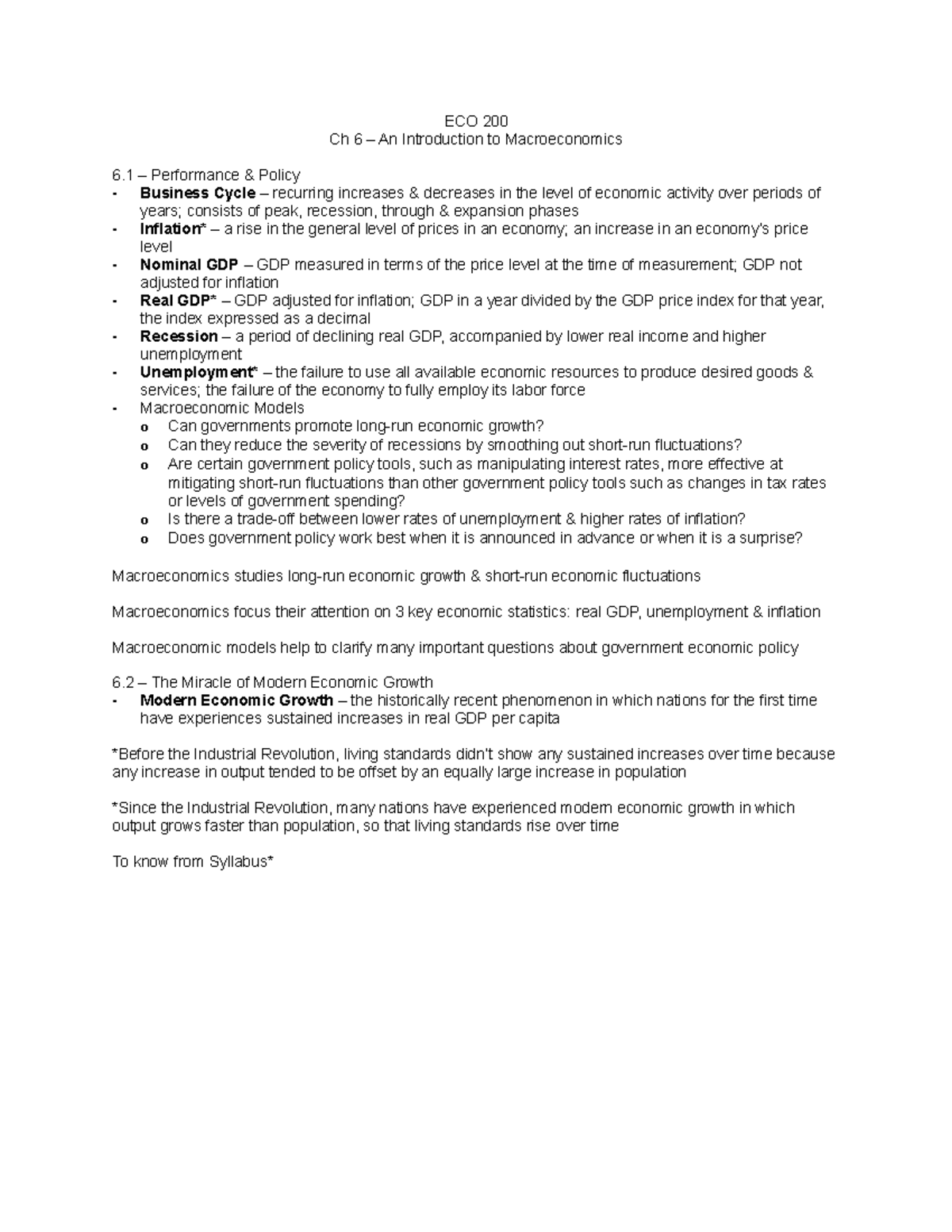 ECO Ch 6 notes - Summary Macroeconomics - ECO 200 Ch 6 – An ...