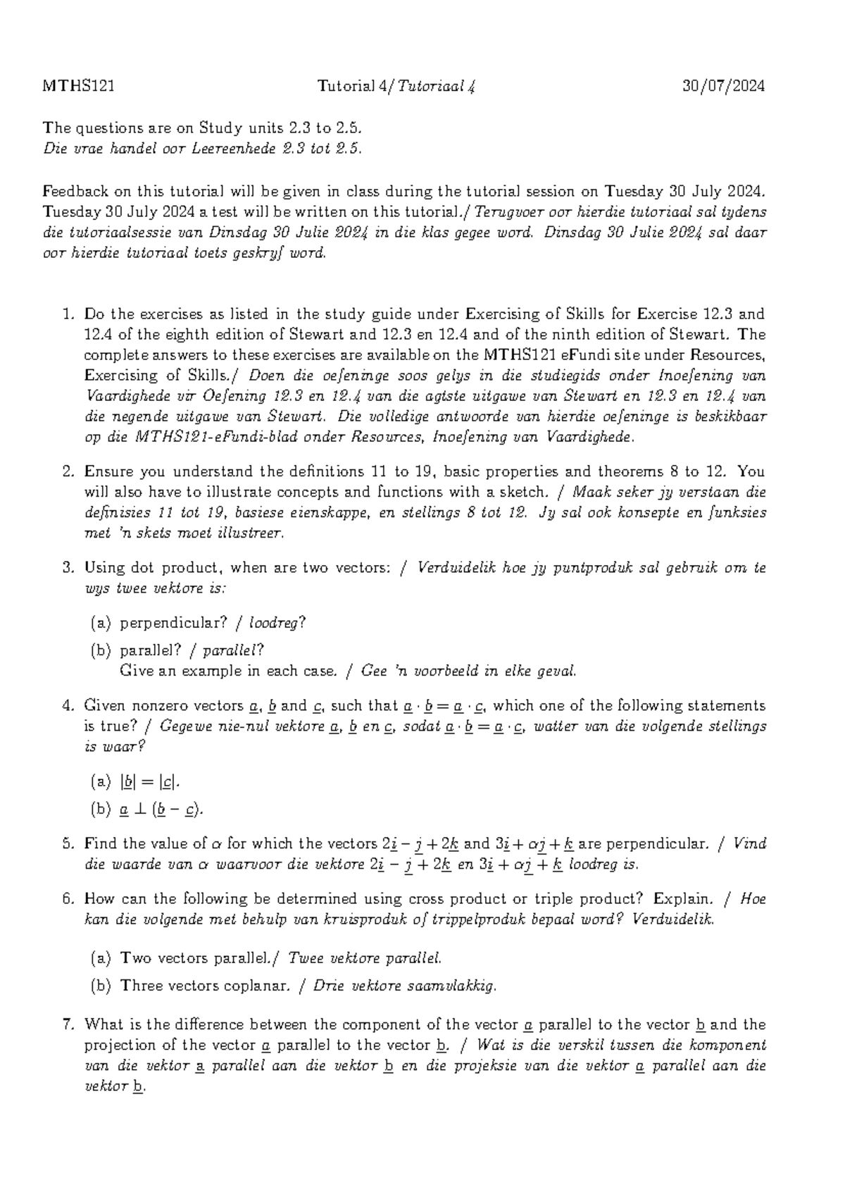 MTHS121 tutorial 4 questions - MTHS121 Tutorial 4/Tutoriaal 4 30/07/ The questions are on Study ...