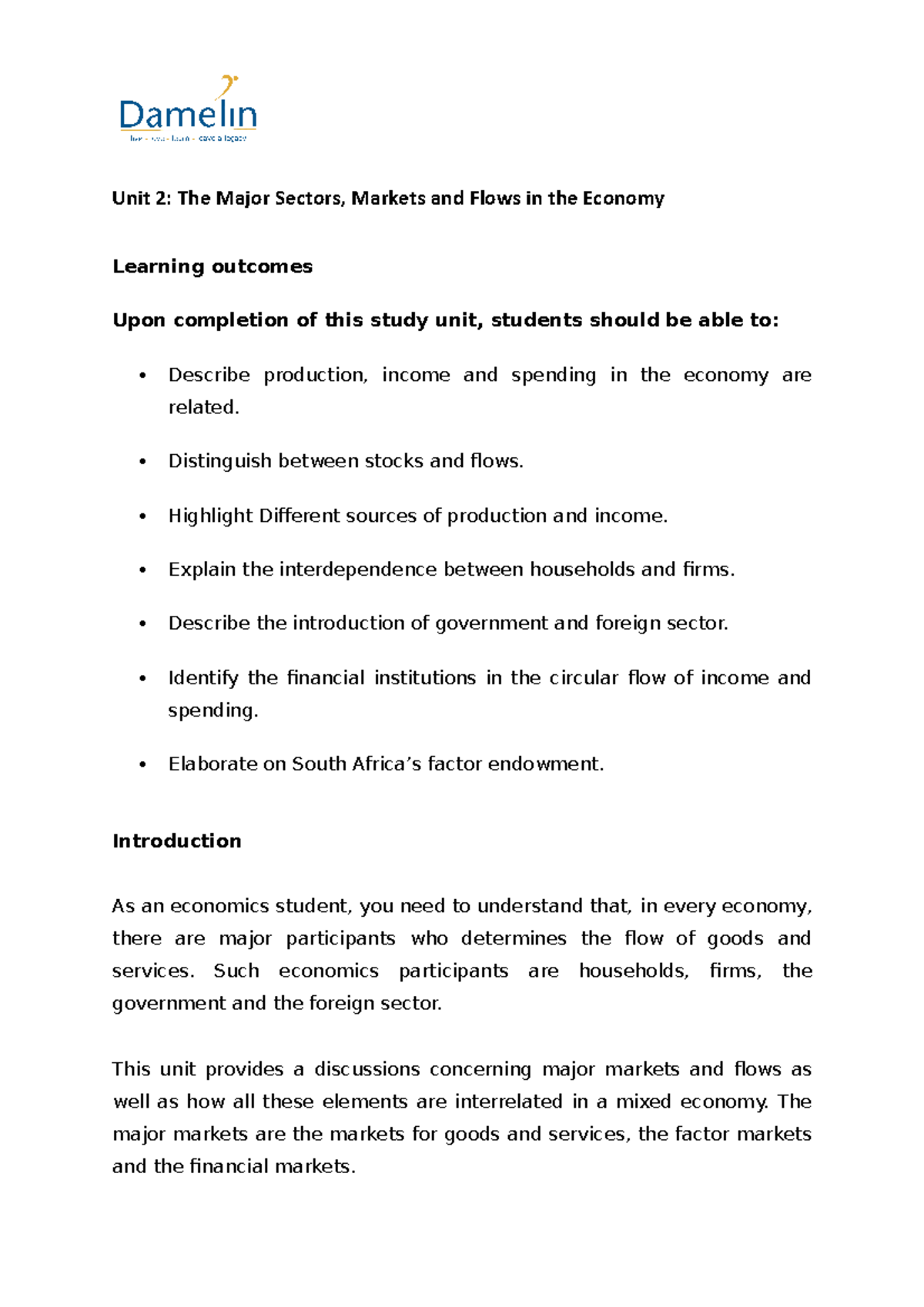 Week 2 eco1 word notes cn - Unit 2: The Major Sectors, Markets and ...