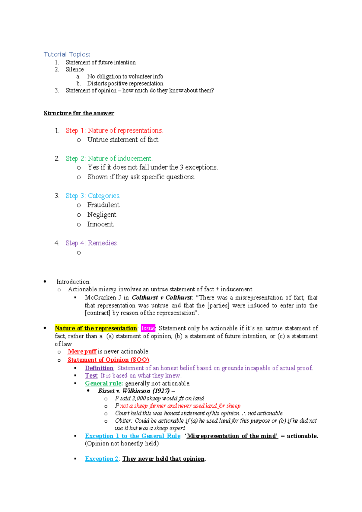 Misrepresentation Exam Prep - Tutorial Topics: 1. Statement of future intention 2. Silence a. No ...