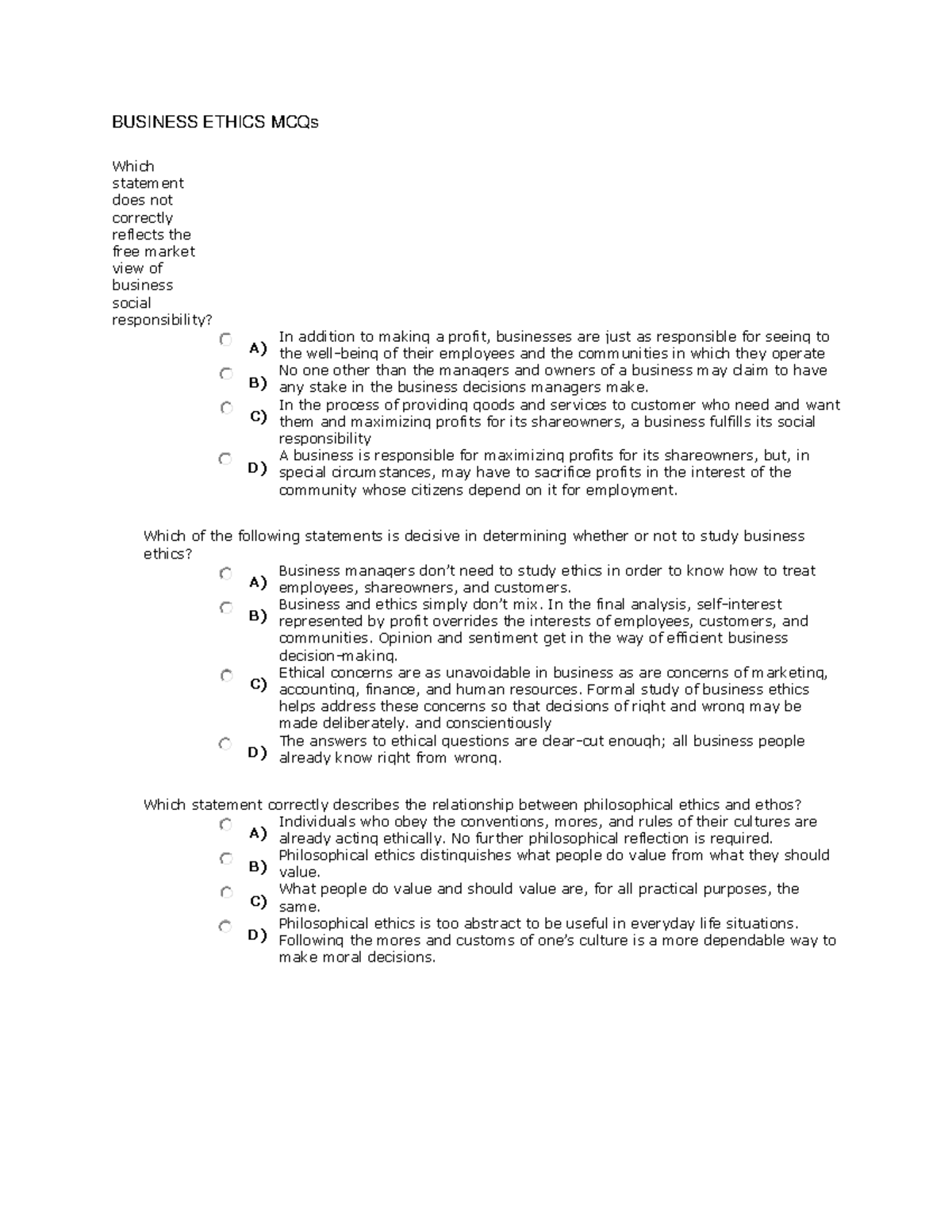 Business Ethics MCQs - practice MCQ question for test - BUSINESS ETHICS ...