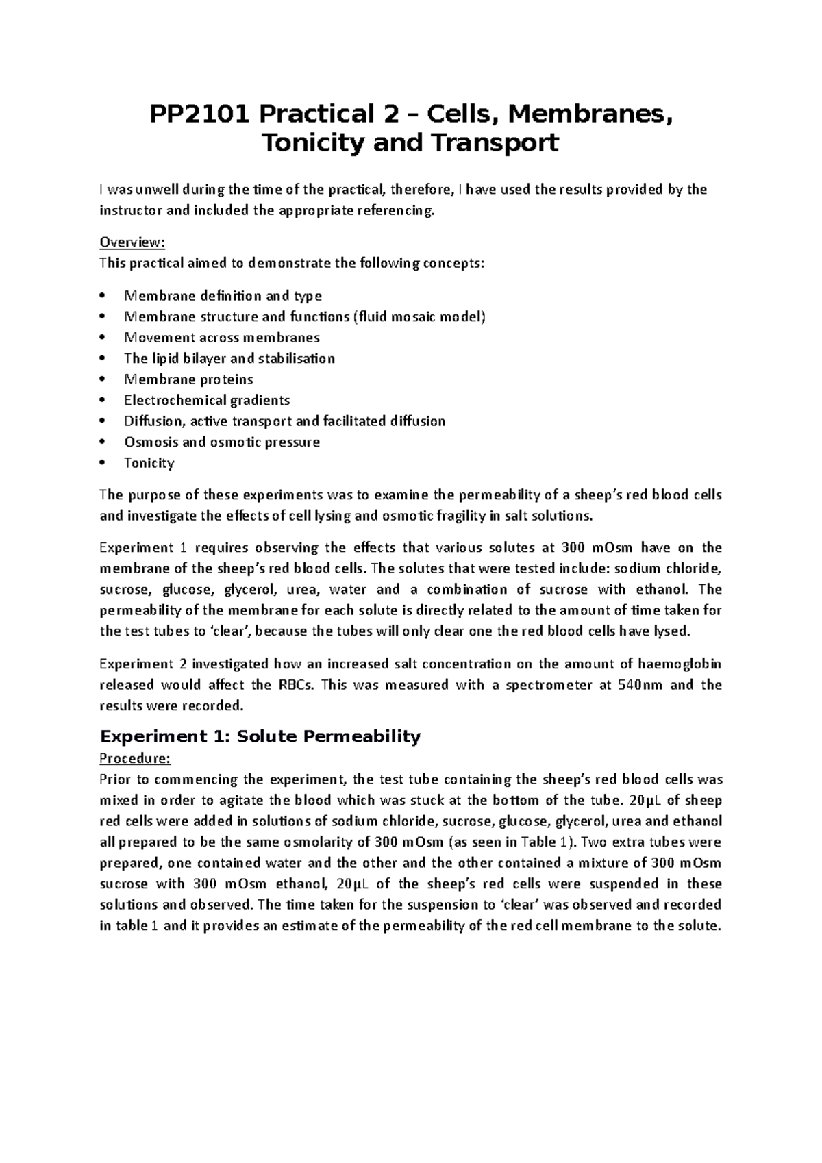 PP2101 Practical 2 Report - Cells, Membranes, Tonicity and Transport ...