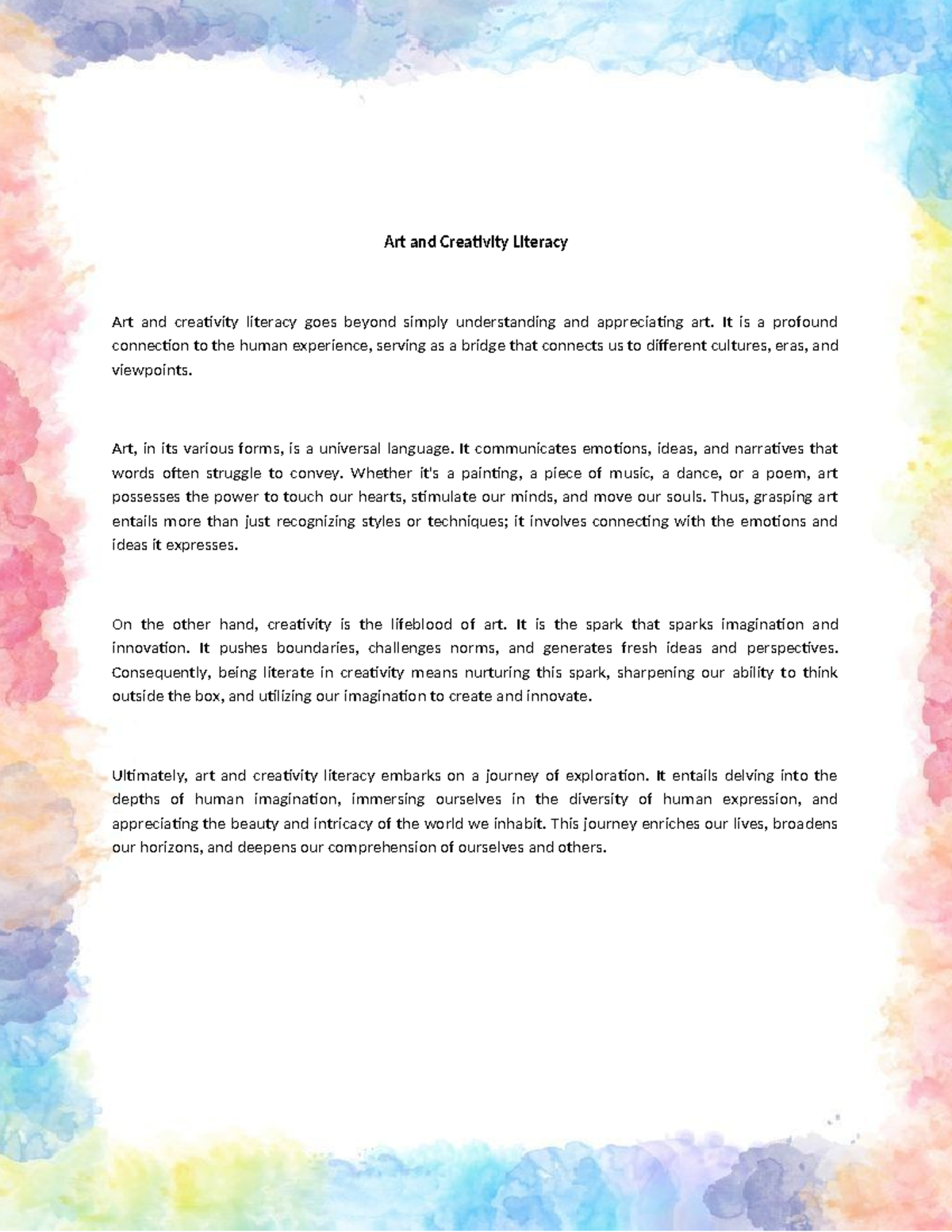 Reflection Paper - Art and Creativity Literacy Art and creativity ...