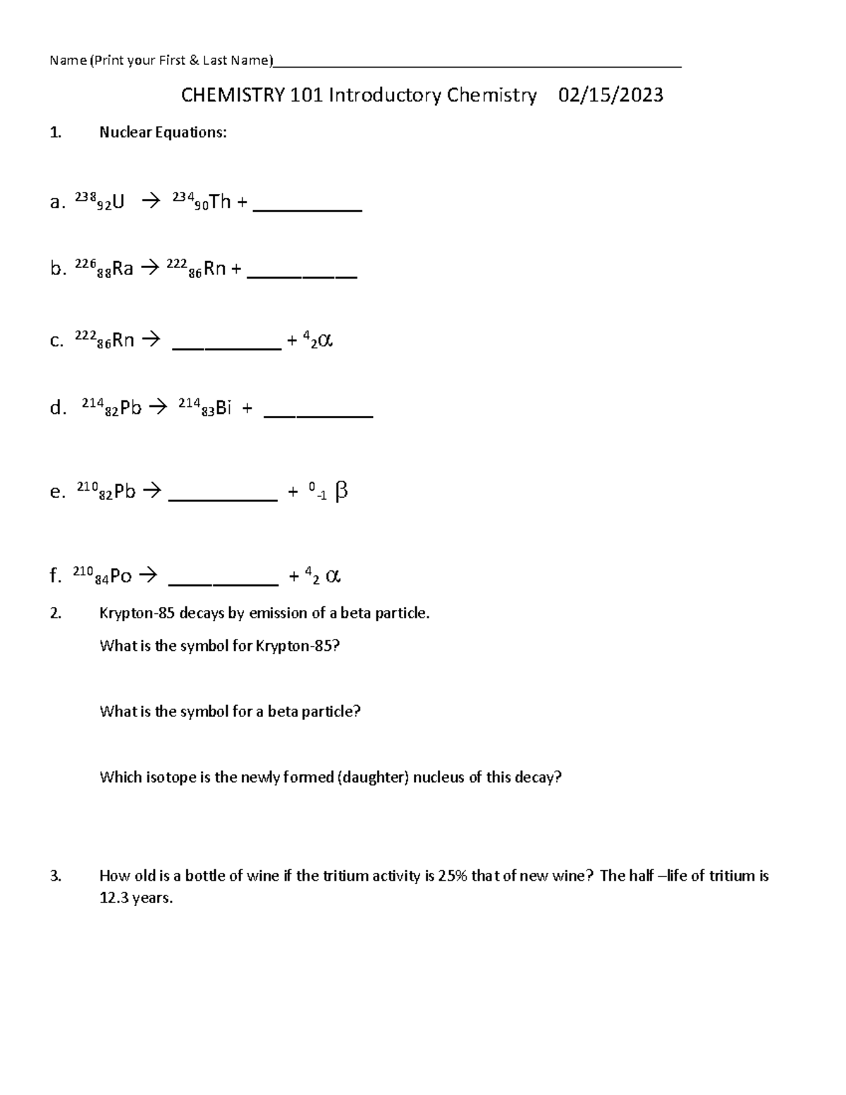 Worksheet chem 101 - Name (Print your First & Last - Studocu