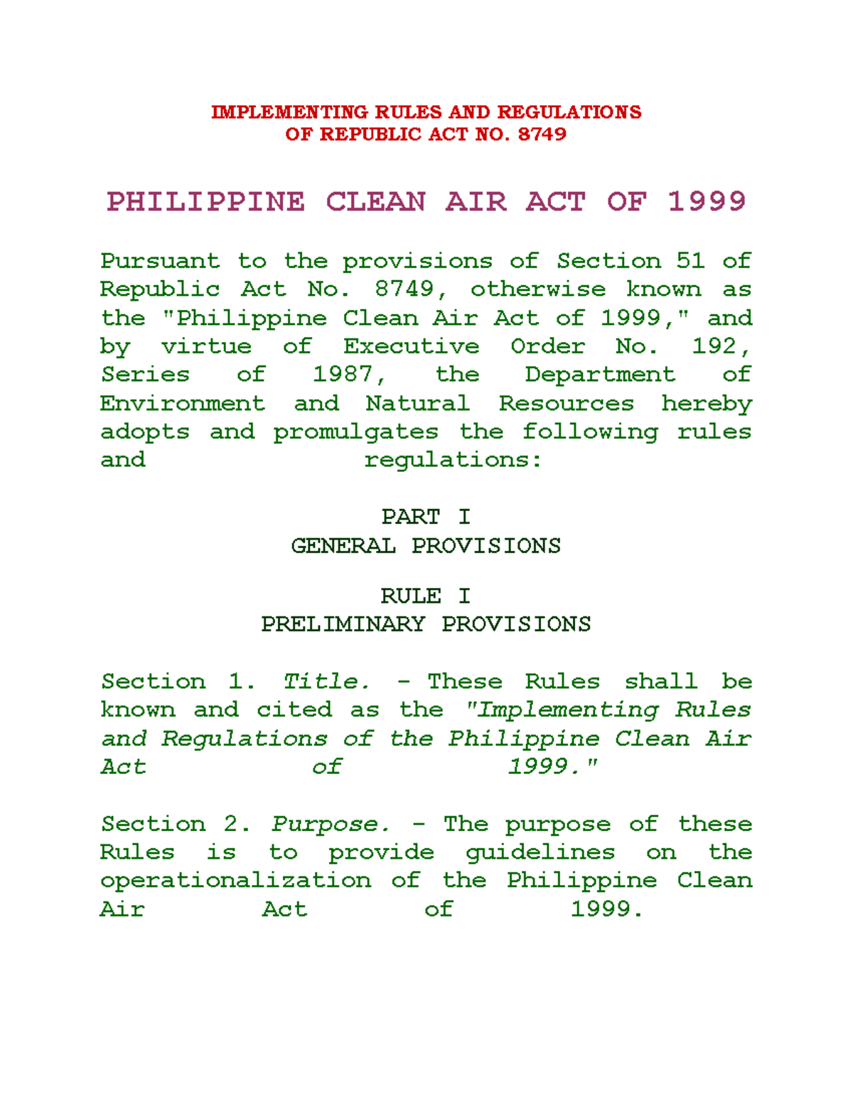 IRR Of Republic Act 8749 IMPLEMENTING RULES AND REGULATIONS OF