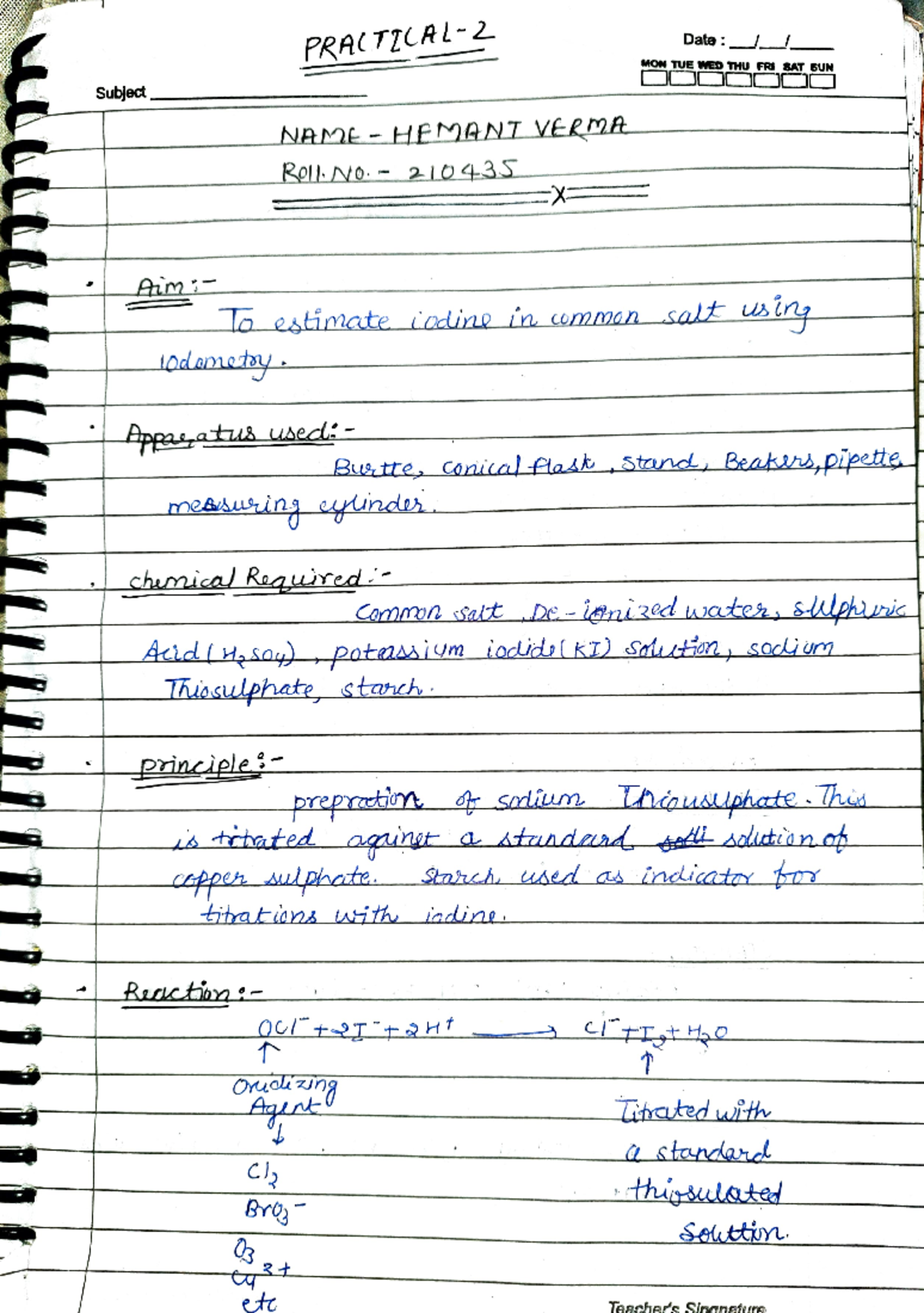 Chm leb. practical-2 Hemant verma - PRATTRl-2 MOM TUE Date: WED THU FR BAT SUN Subject. NAME ...