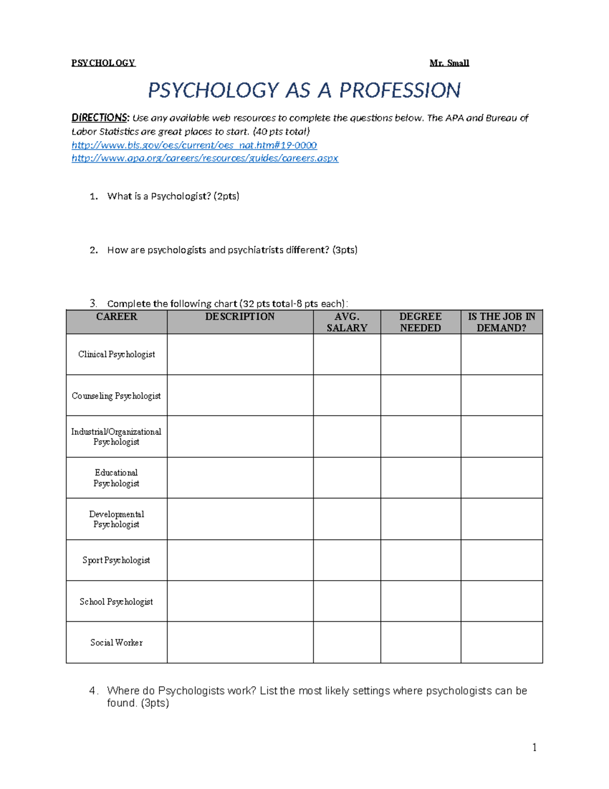 Careers in Psychology Assignment - PSYCHOLOGY Mr. Small PSYCHOLOGY AS A ...