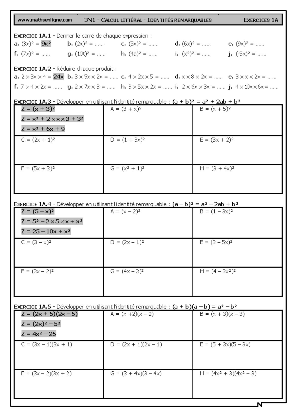 Developpement IR1 - exercices sur le développement - mathsenligne 3N1 ...