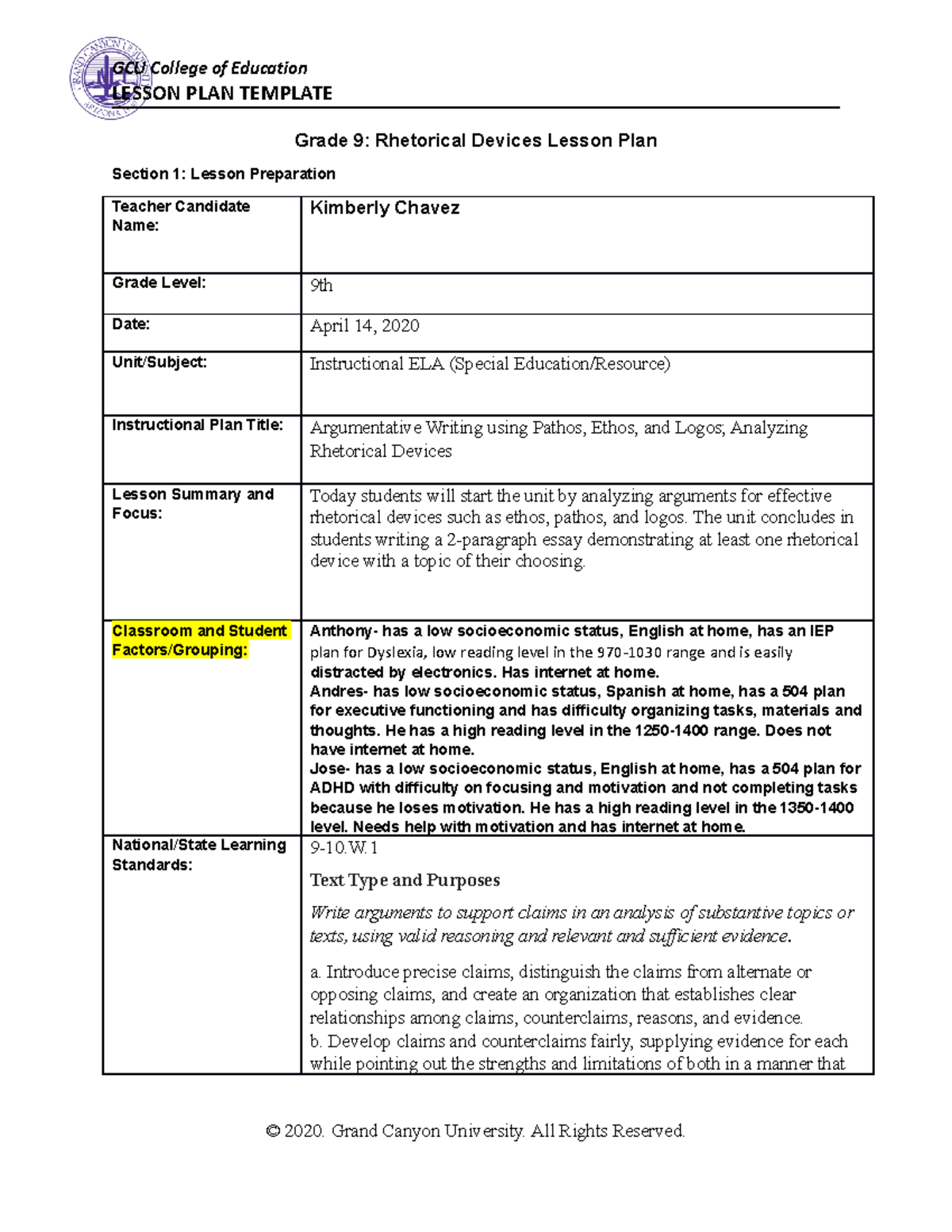 SPD-208 RS T5 Grade 9 Rhetorical Devices Lesson Plan - LESSON PLAN ...