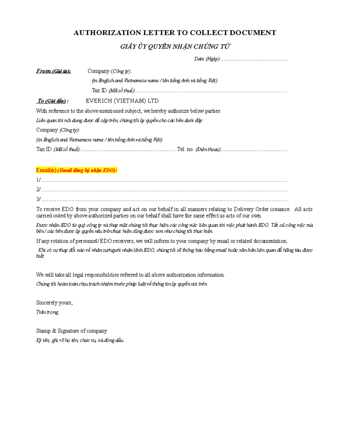 FORM DANG KY Email NHAN EDO Everich - AUTHORIZATION LETTER TO COLLECT ...