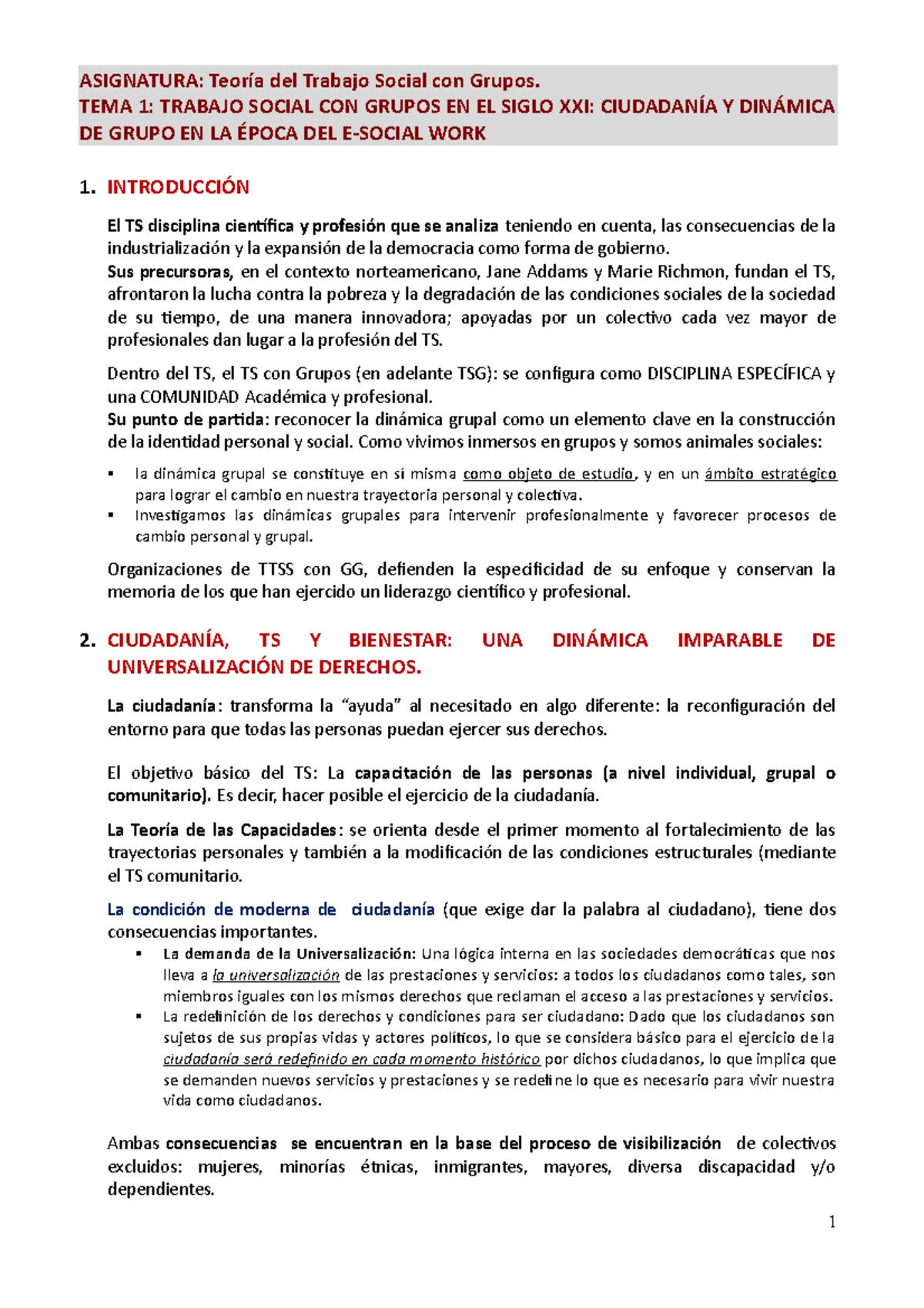 Tema 1 TSG 2015 - Resúmenes - ASIGNATURA: Teoría del Trabajo Social con Grupos. TEMA 1: TRABAJO ...