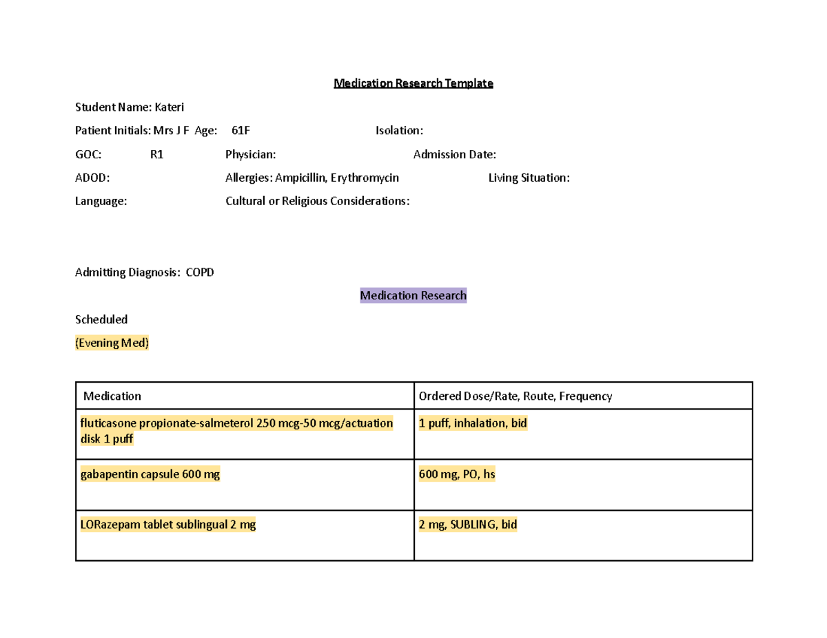 Patient Case Study - Meds - Medication Research Template Student Name ...