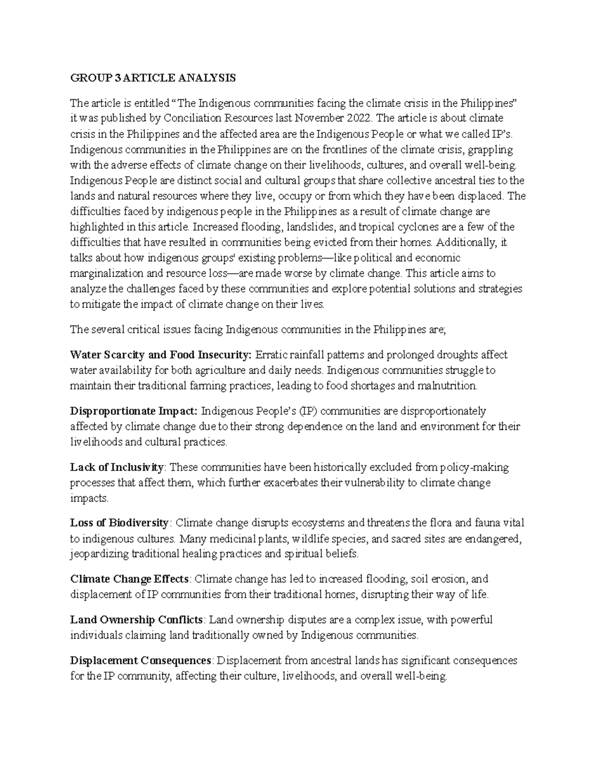 Group 3 Article Analysis - GROUP 3 ARTICLE ANALYSIS The article is ...