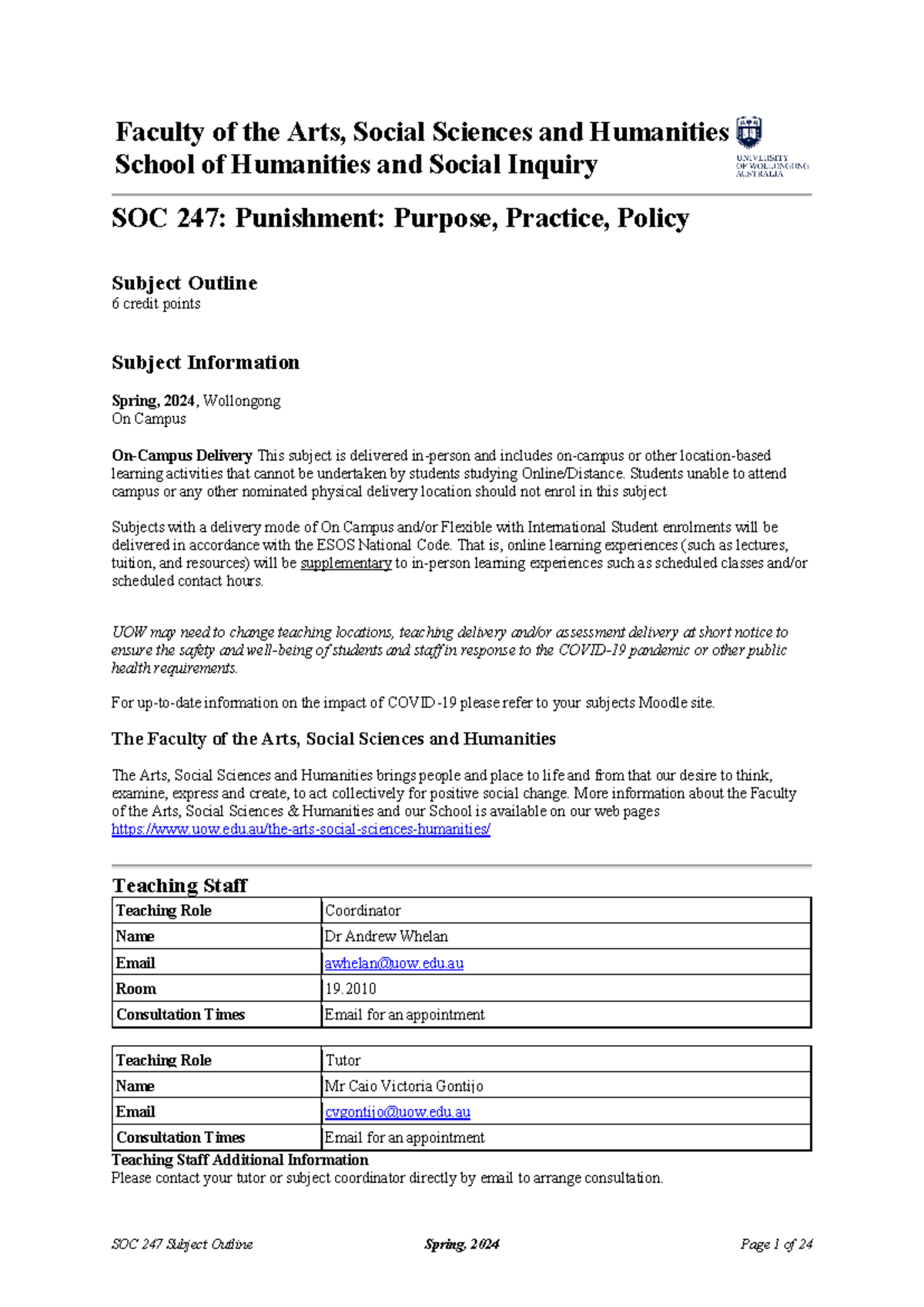 SOC 247 Subject Outline Spring 2024 - Faculty of the Arts, Social ...