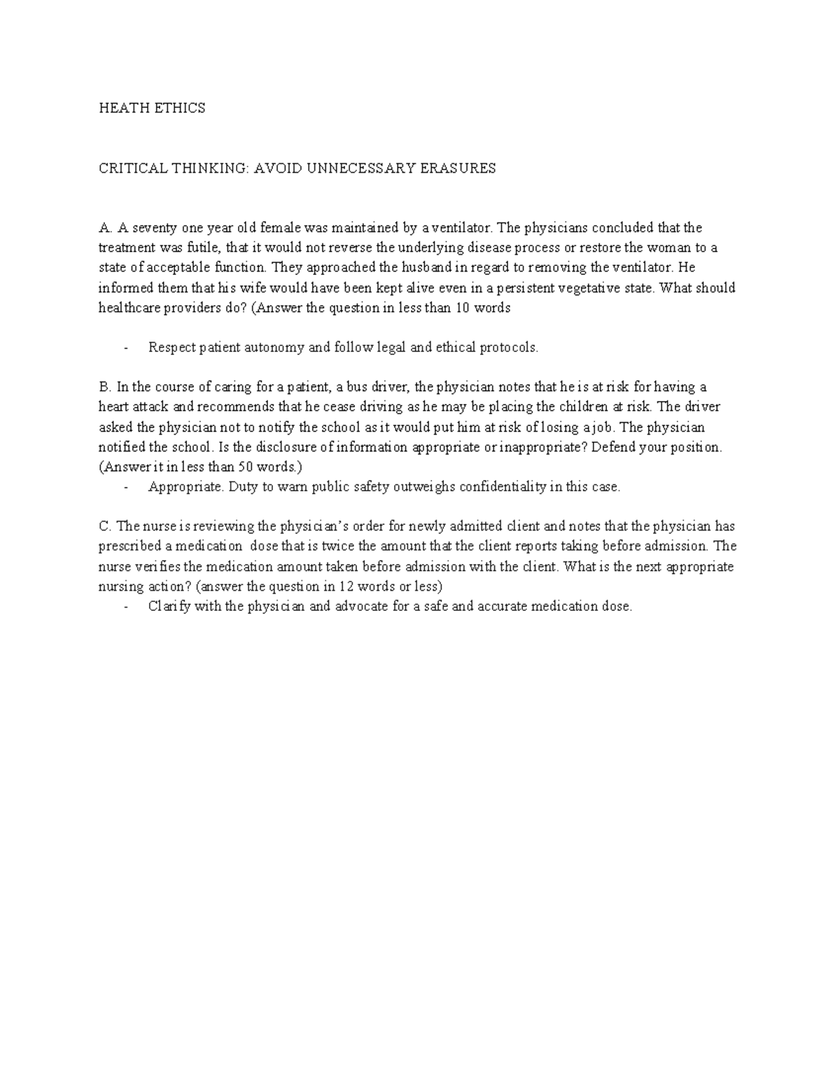 Health ethics - HEATH ETHICS CRITICAL THINKING: AVOID UNNECESSARY ...