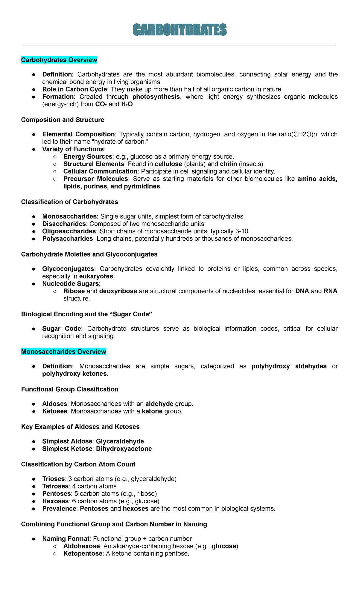 Carbohydrates - Notes - CARBOHYDRATES Carbohydrates Overview Definition ...