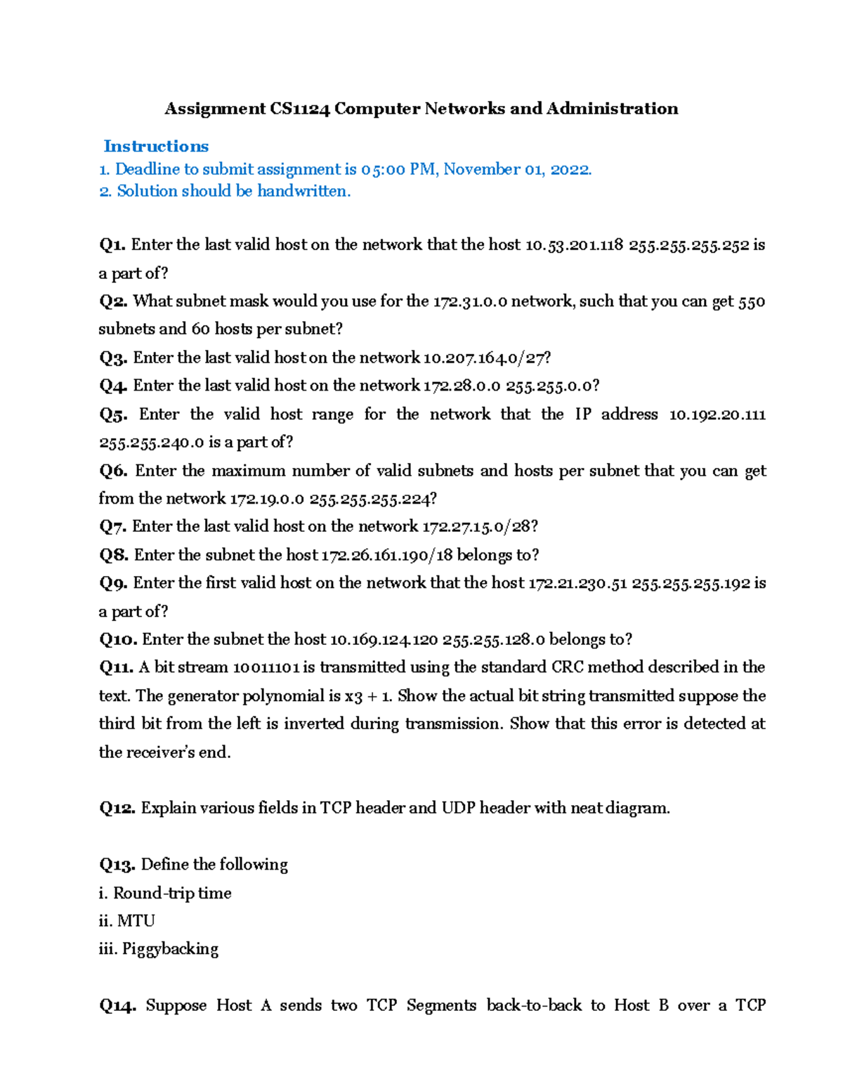 Assignment Networks Assignment Cs1124 Computer Networks And Administration Instructions