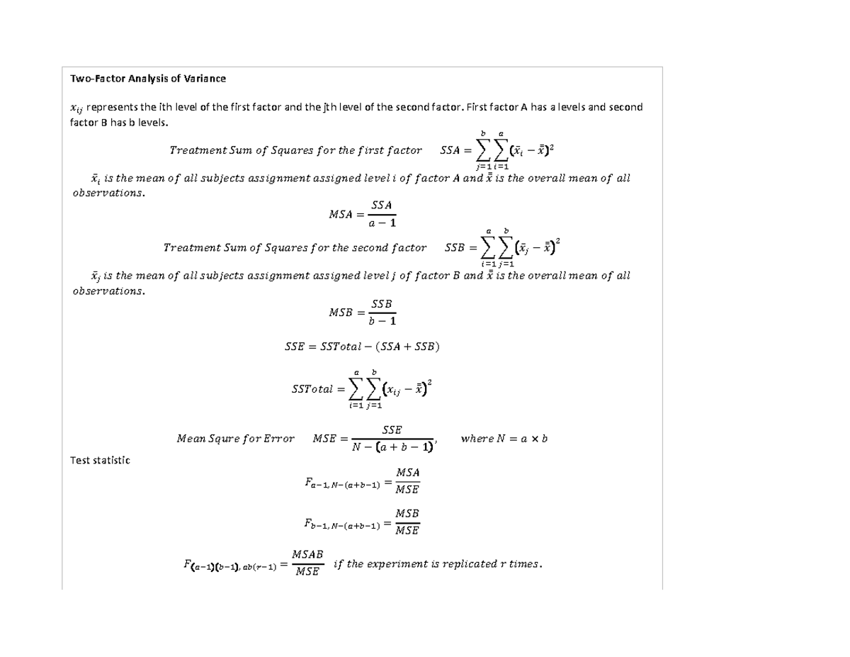 Week 6 - Two-Factor Analysis of Variance Formulas - STAT1014 - George ...