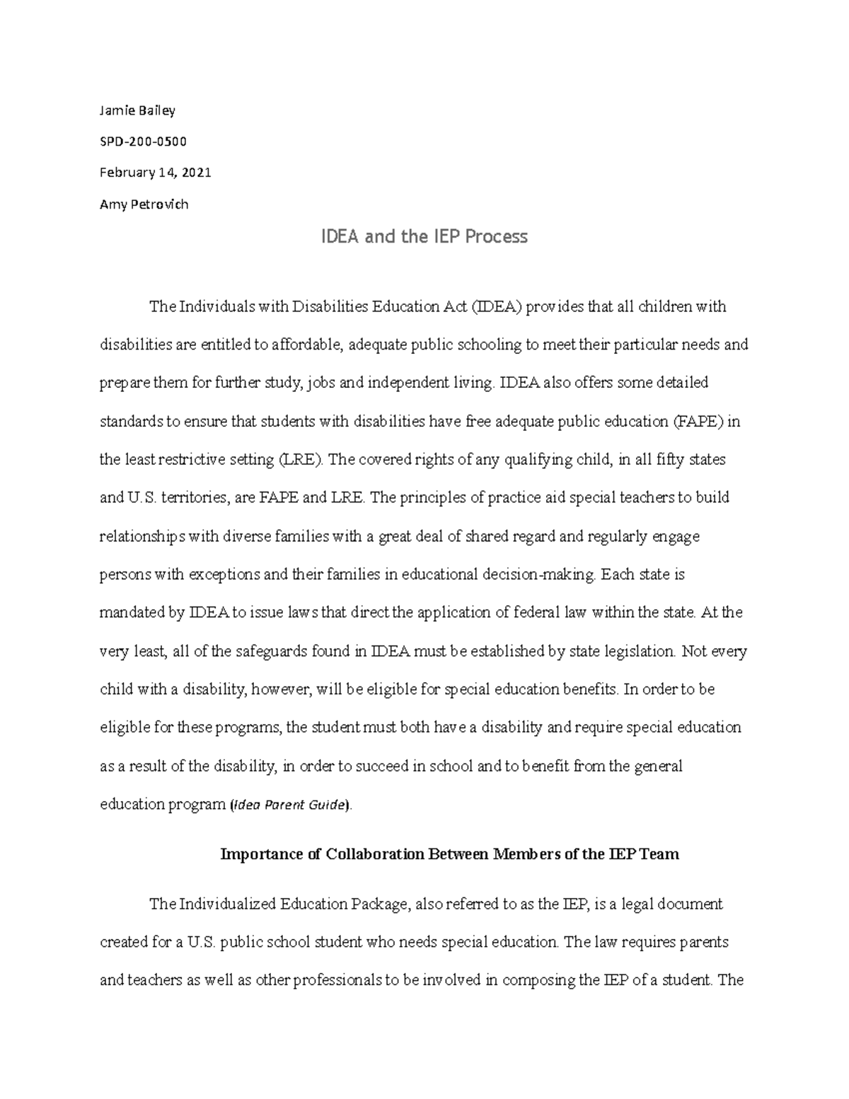 Idea and IEP process-JB - Jamie Bailey SPD-200- February 14, 2021 Amy ...