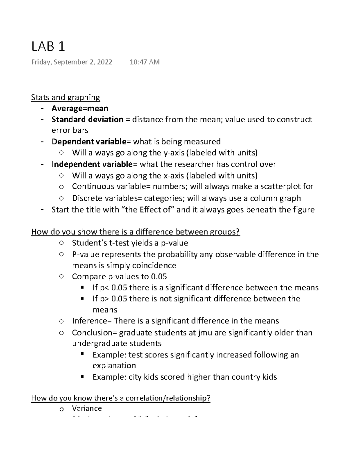 LAB 1 - BIO 270 L - Stats and graphing Average=mean Standard deviation ...