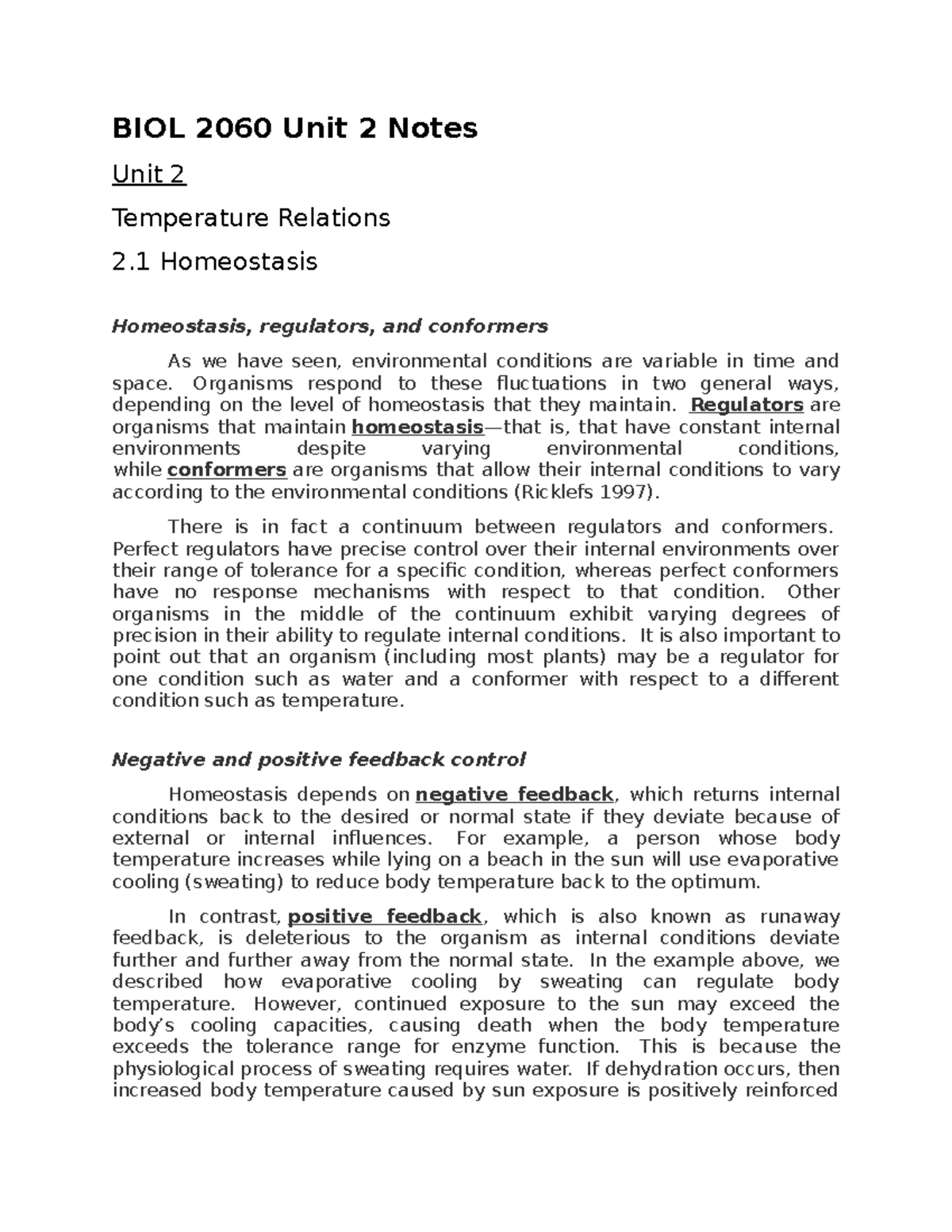 BIOL 2060 Unit 2 Notes - BIOL 2060 Unit 2 Notes Unit 2 Temperature ...
