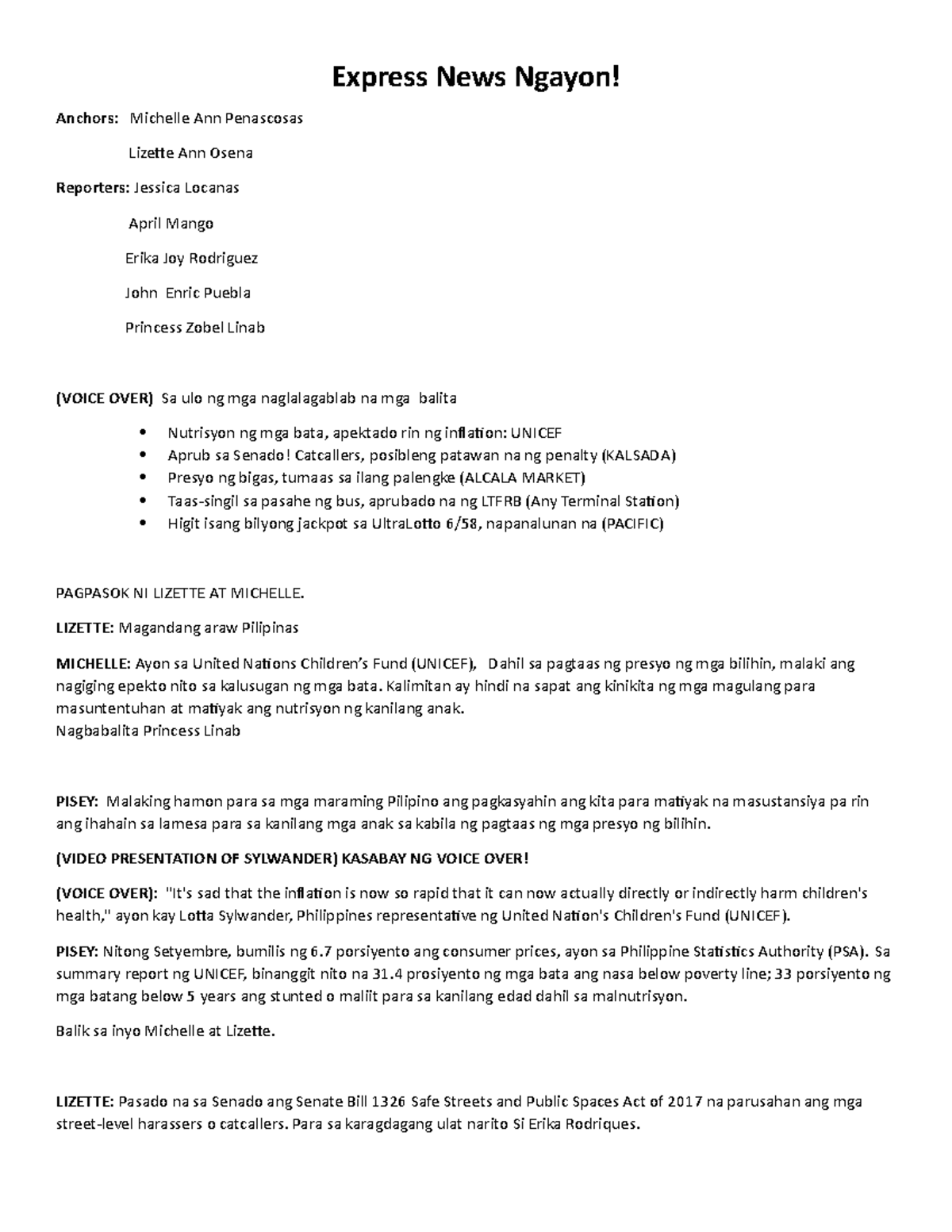 Final Script FOR Tvnewscastingprint - Express News Ngayon! Anchors ...
