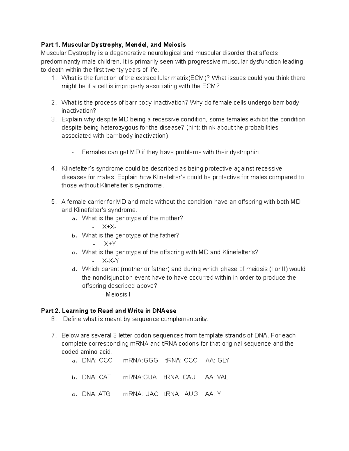 Muscular Dystrophy Lab Worksheet - Part 1. Muscular Dystrophy, Mendel ...