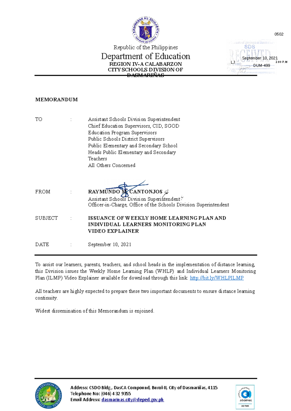 0502 - Memorandum - SEP-10-21-499 - 0502 Republic of the Philippines ...