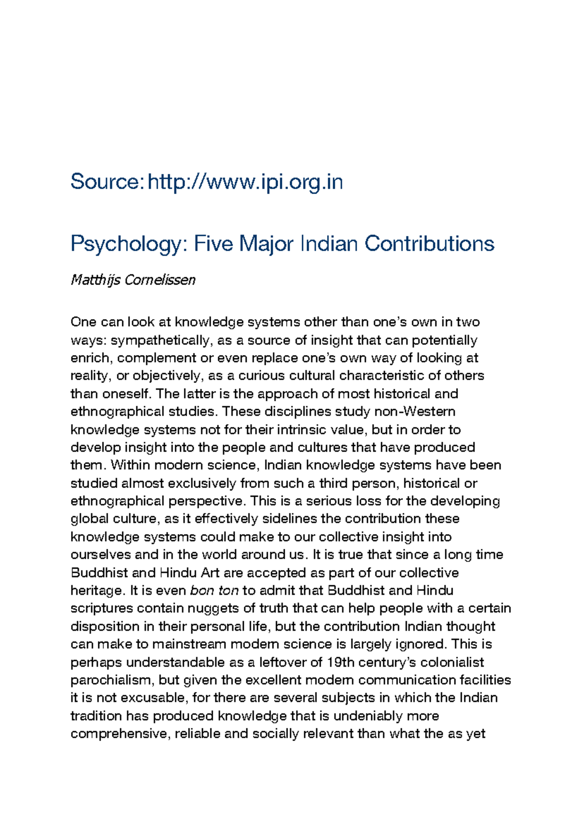Five major contributions - Source: ipi.org Psychology: Five Major ...