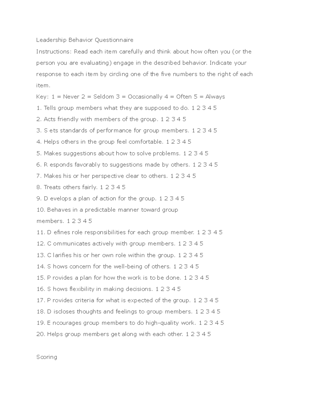 10 - cxv - Leadership Behavior Questionnaire Instructions: Read each ...
