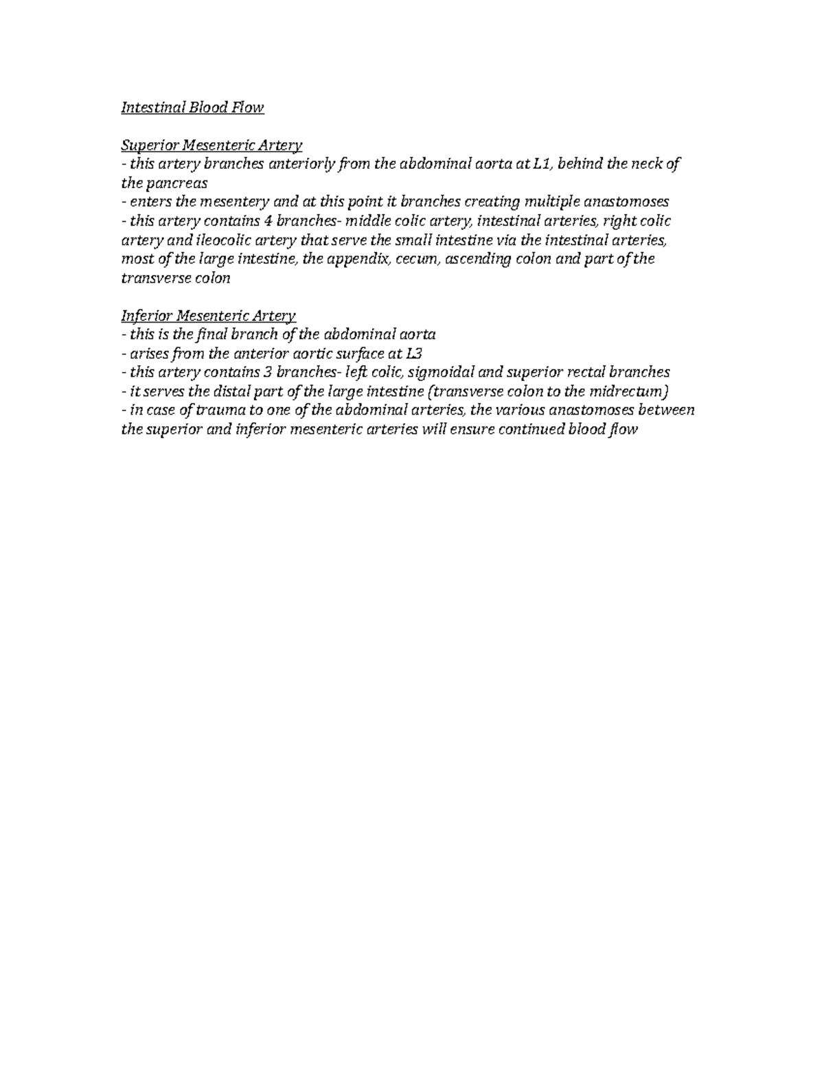 Lecture notes, Intestinal Blood Flow - Intestinal Blood Flow Superior ...