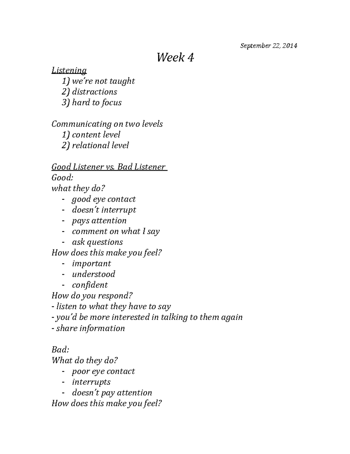 Week 4 - Class Summary - September 22, 2014 Week 4 Listening 1) not ...