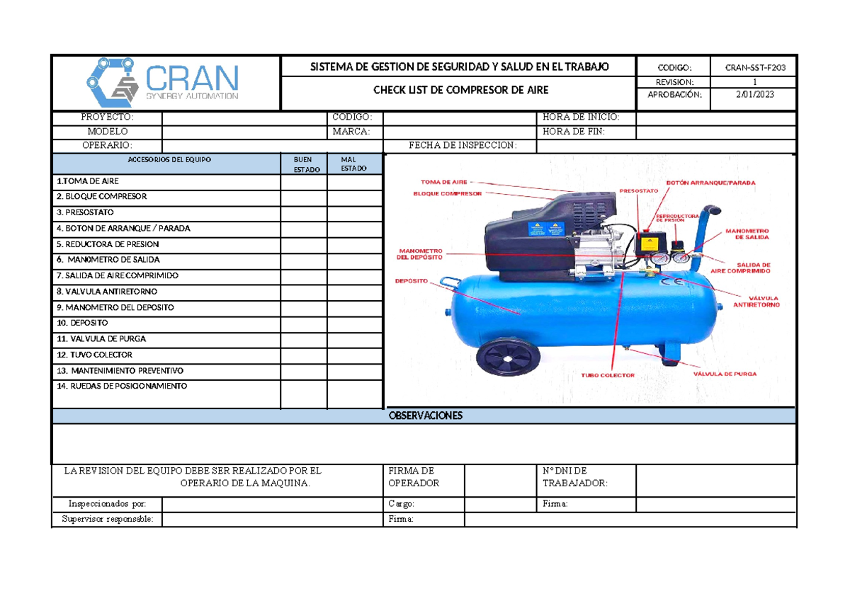 Check List Compresor - SISTEMA DE GESTION DE SEGURIDAD Y SALUD EN EL ...