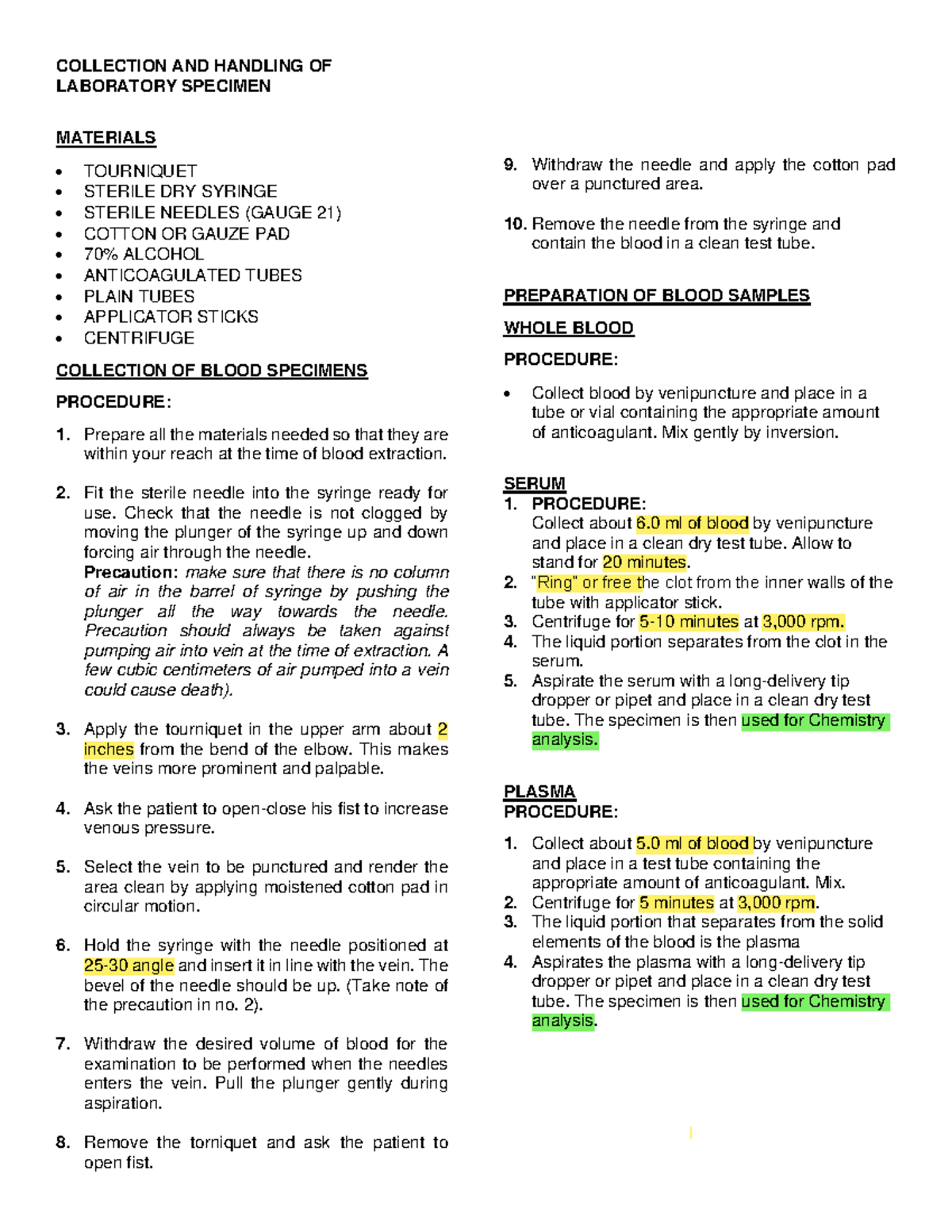 Collection AND Handling OF Specimen - COLLECTION AND HANDLING OF ...