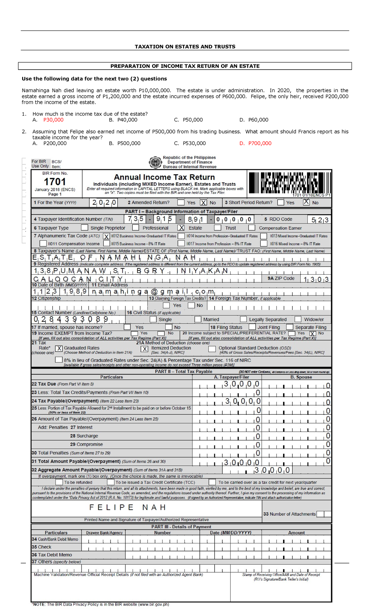 TAX HO13 - Tax practice materials - Gross income 1,200, OPEX (600,000 ...