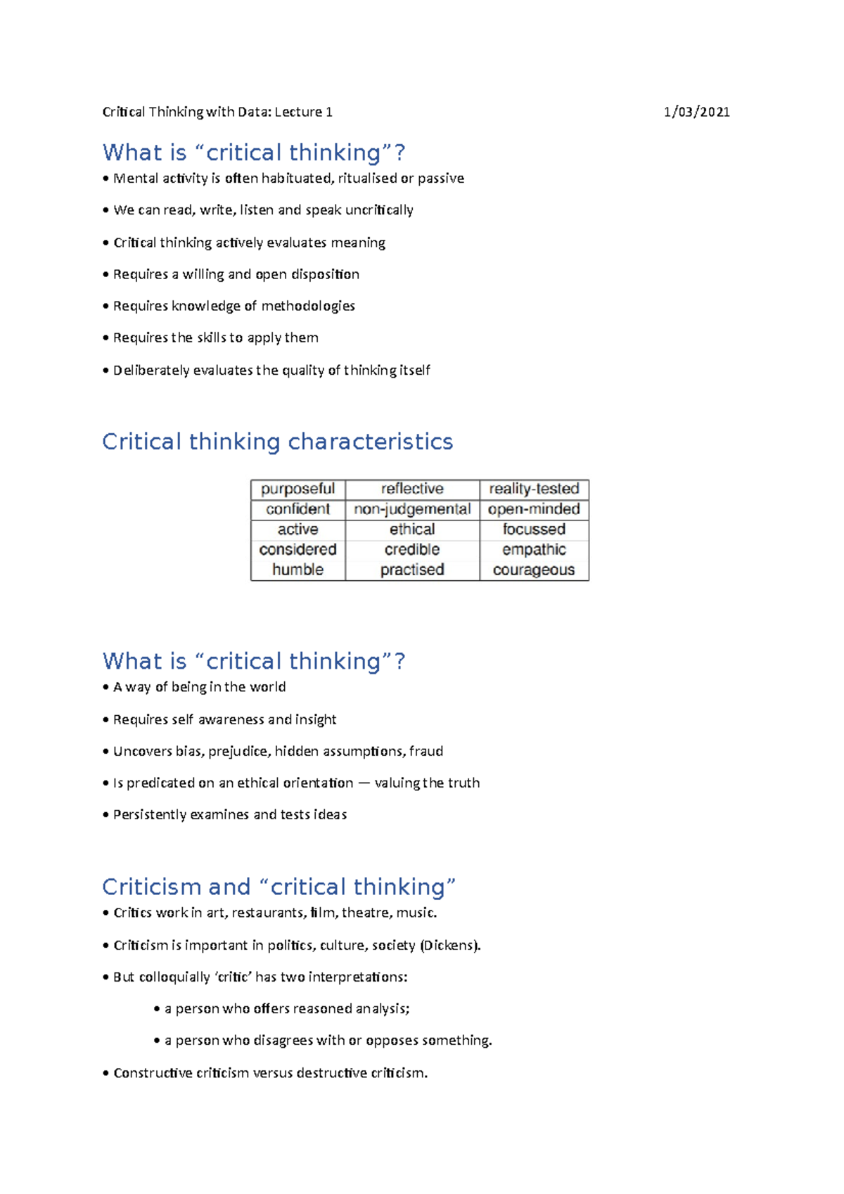 Critical Thinking with Data - Lecture 1 Week 1 - Critical Thinking with ...