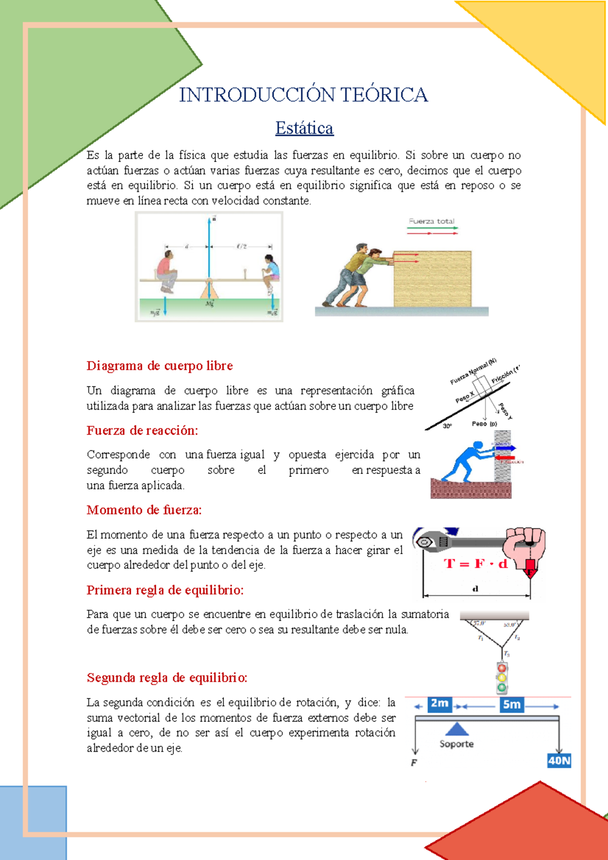 Actividad Entregable 01, Fisica Quimica - INTRODUCCIÓN TEÓRICA Estática Es la parte de la física ...