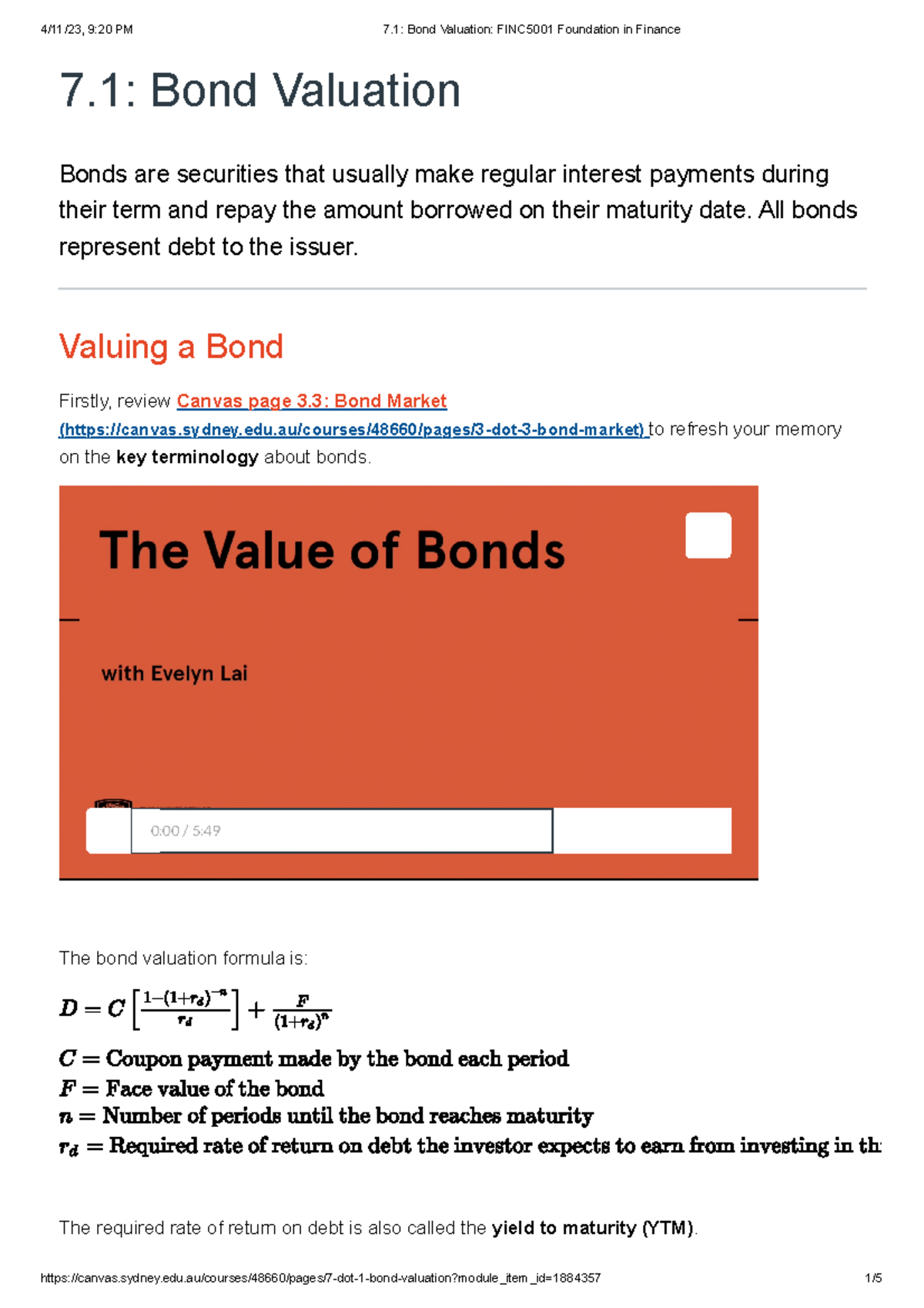7.1 Bond Valuation FINC5001 Foundation in Finance - 7: Bond Valuation ...