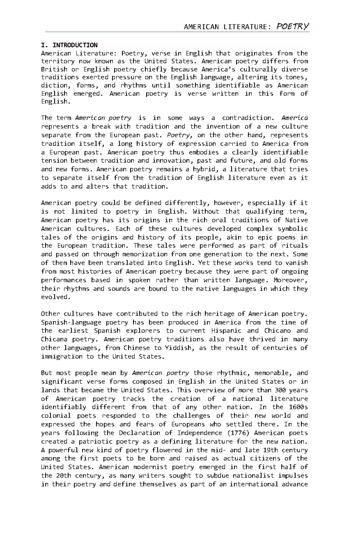 American- Literature-Poetry - I. INTRODUCTION American Literature ...