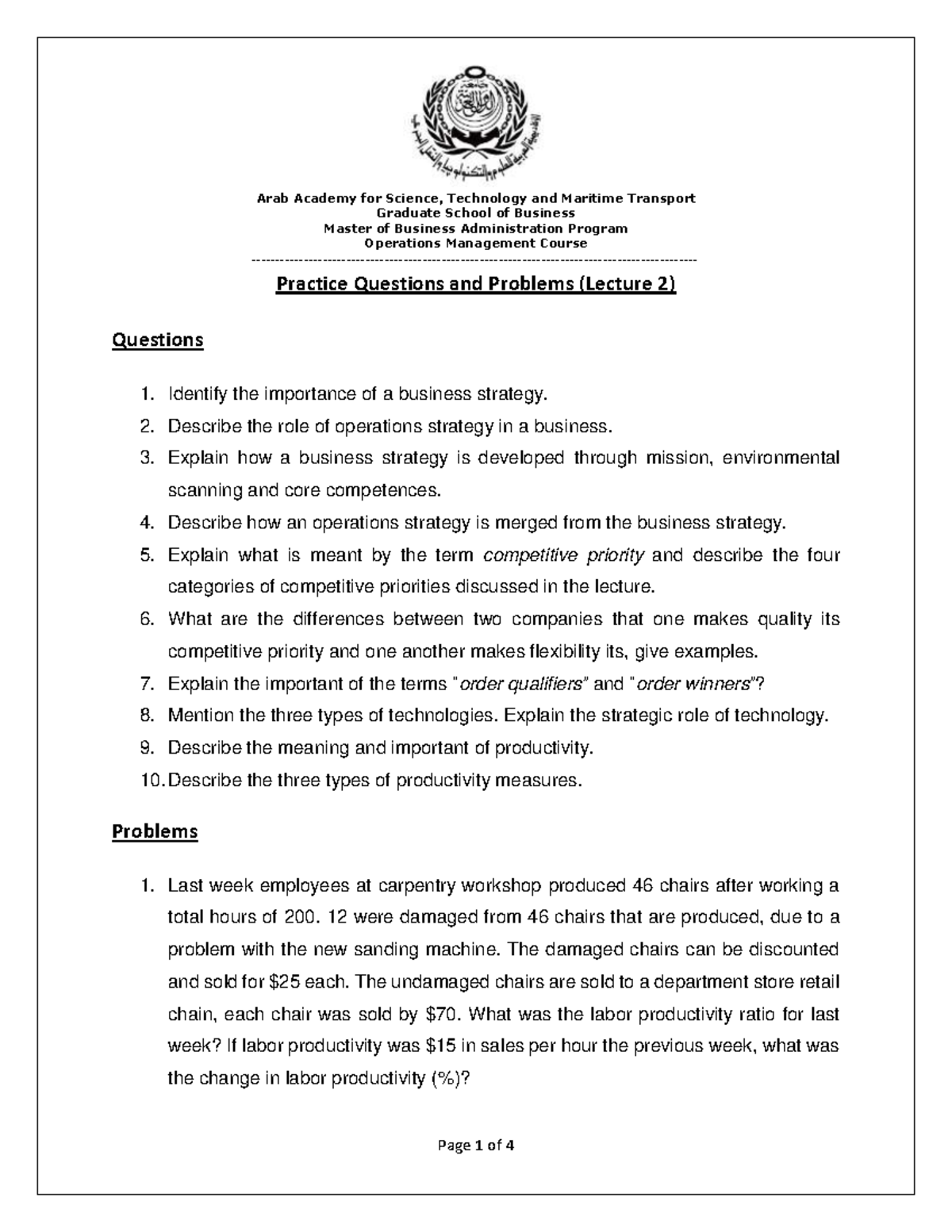 Lecture 2 Practice problems - Master of Business Administration Program ...