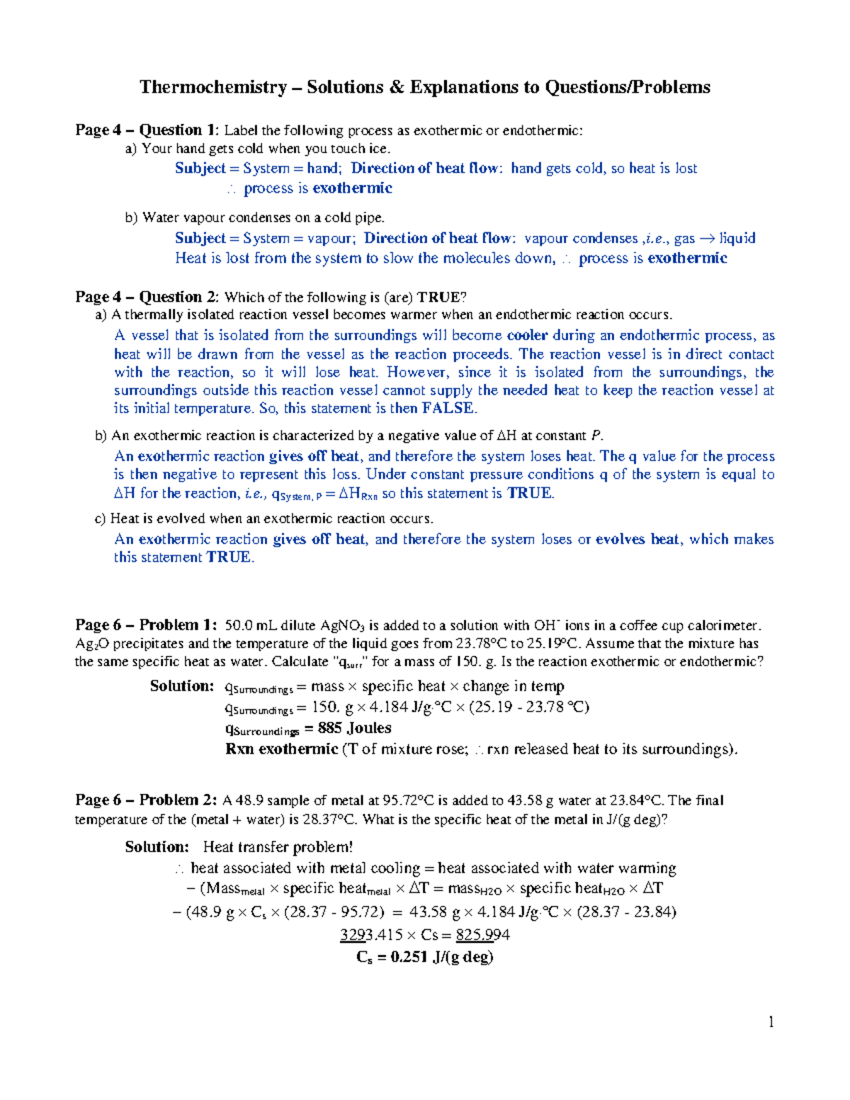 Solutions to Problems Thermo Pages 4 to 12 - Thermochemistry ...