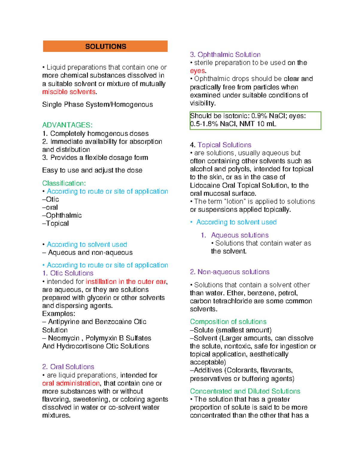 Solutions - Notes - SOLUTIONS Liquid preparations that contain one or ...